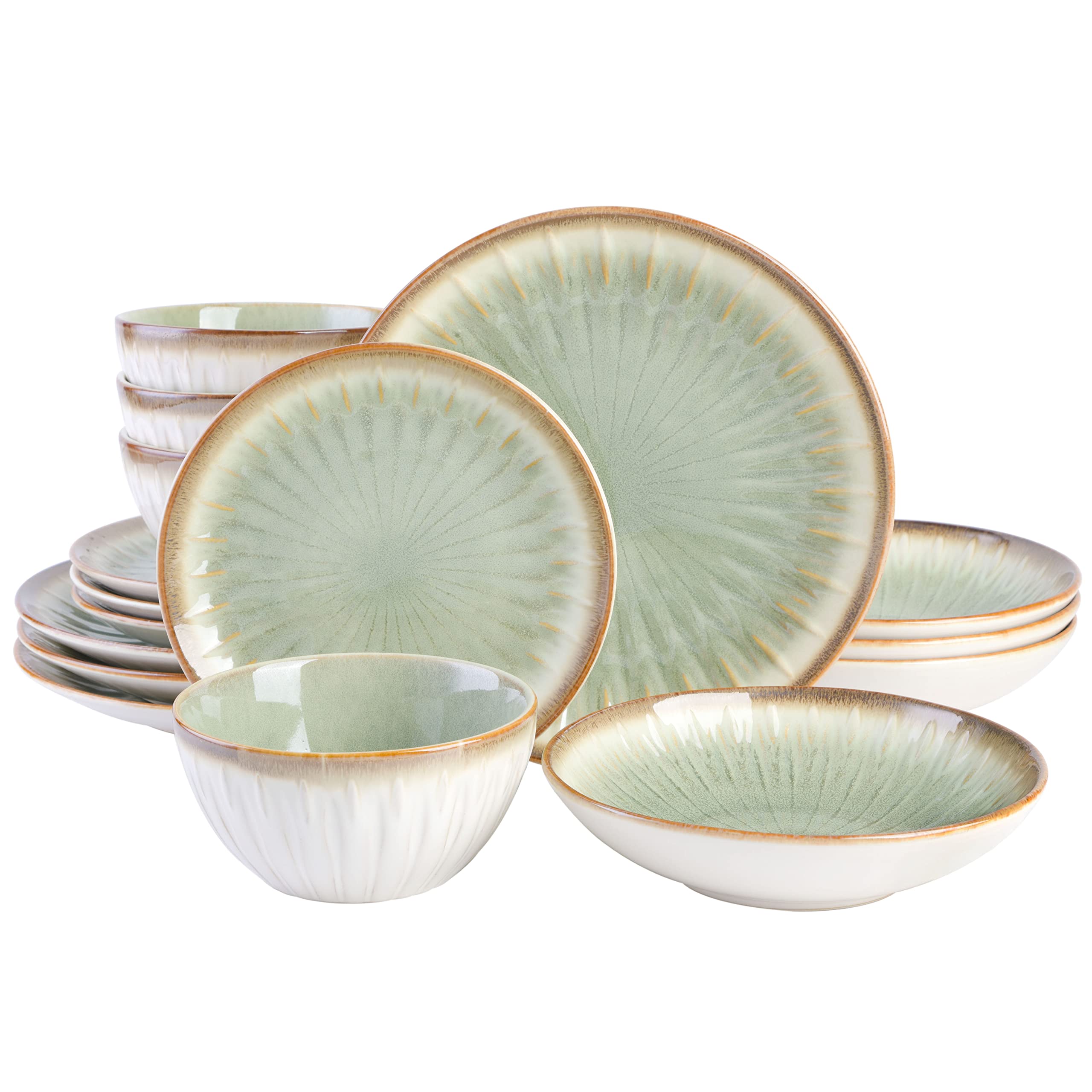 Gibson Elite Mayfair Bay Embossed Double Bowl Dinnerware Set, Service for 4 (16pcs), Green and Gibson Elite 4 Pack Dreamweaver Terracotta Reactive 17 OZ Mug Set - Earthy Brown