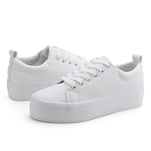 JABASIC Women Lace Up Platform Sneakers Comfortable Casual Fashion Sneaker Walking Shoes (8,White)