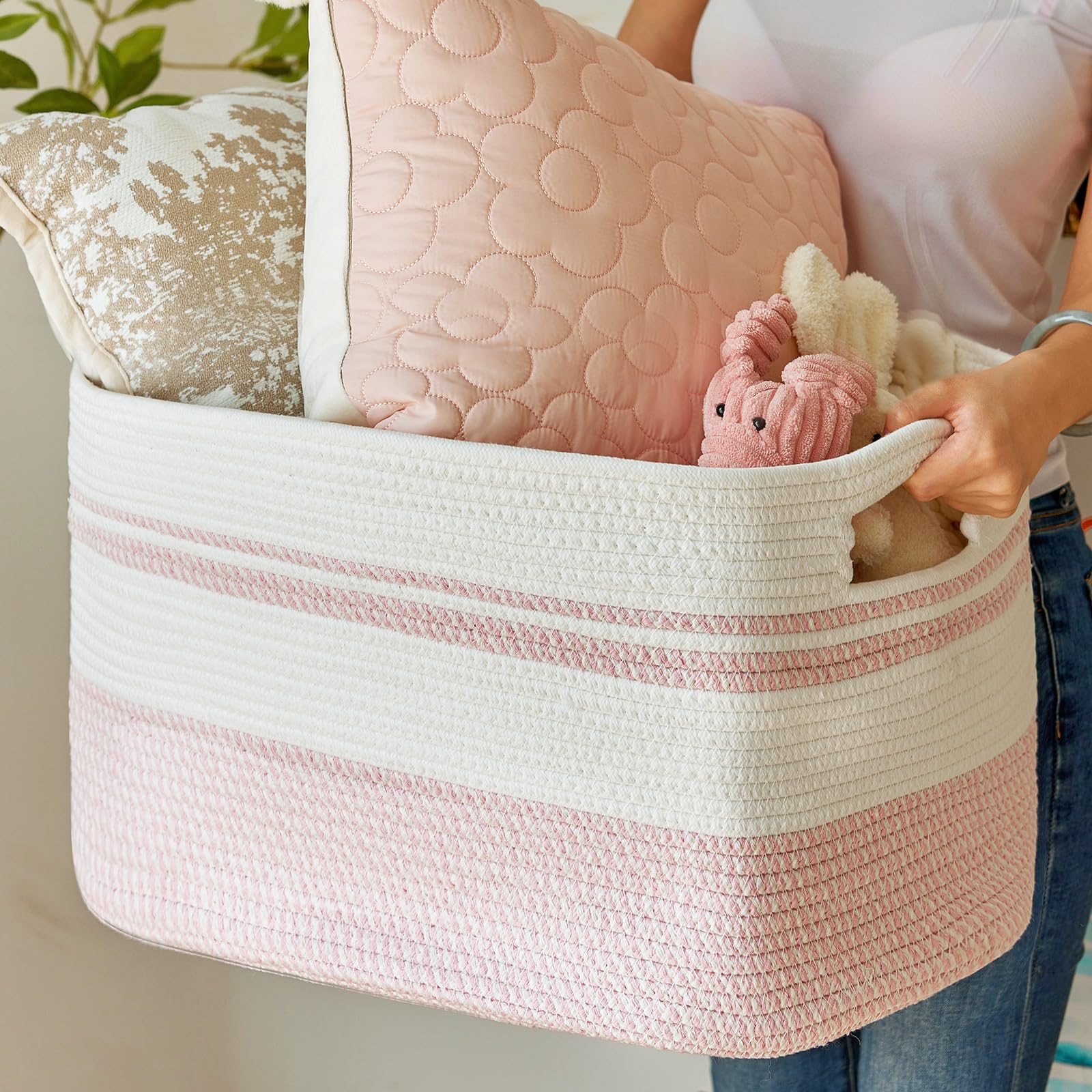 R RUNKA Large Rectangular Cotton Rope Storage Basket - 82L- Ideal for Toy Storage, Blankets, Laundry, Woven Organizer for Living Room, Bedroom - 22"x17"x12"(White & Pink)