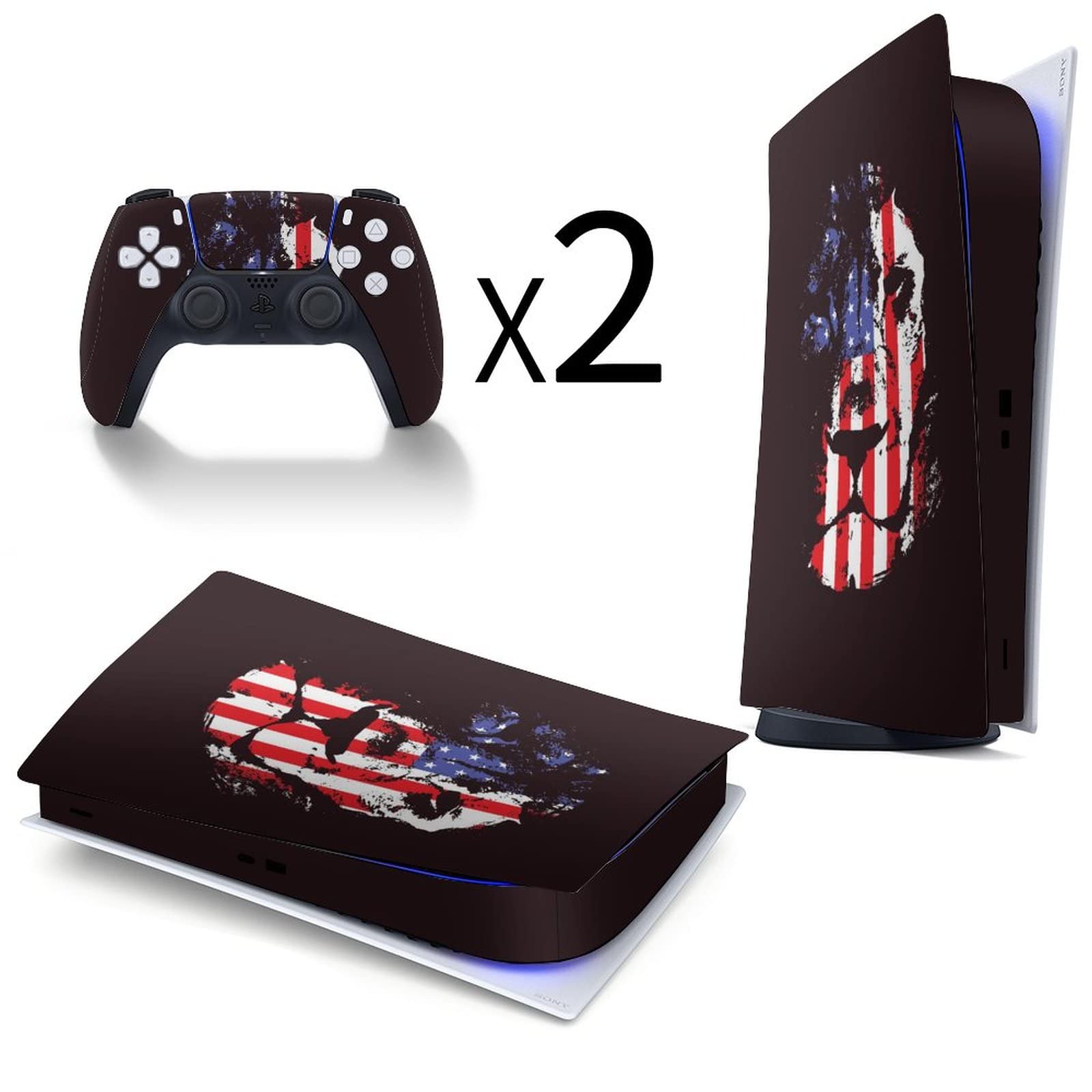 Lion Head with USA Flag Full Protective Skin Cover Design Wrap Decal Sticker Compatible with PS5 Digital Edition Console and Controller