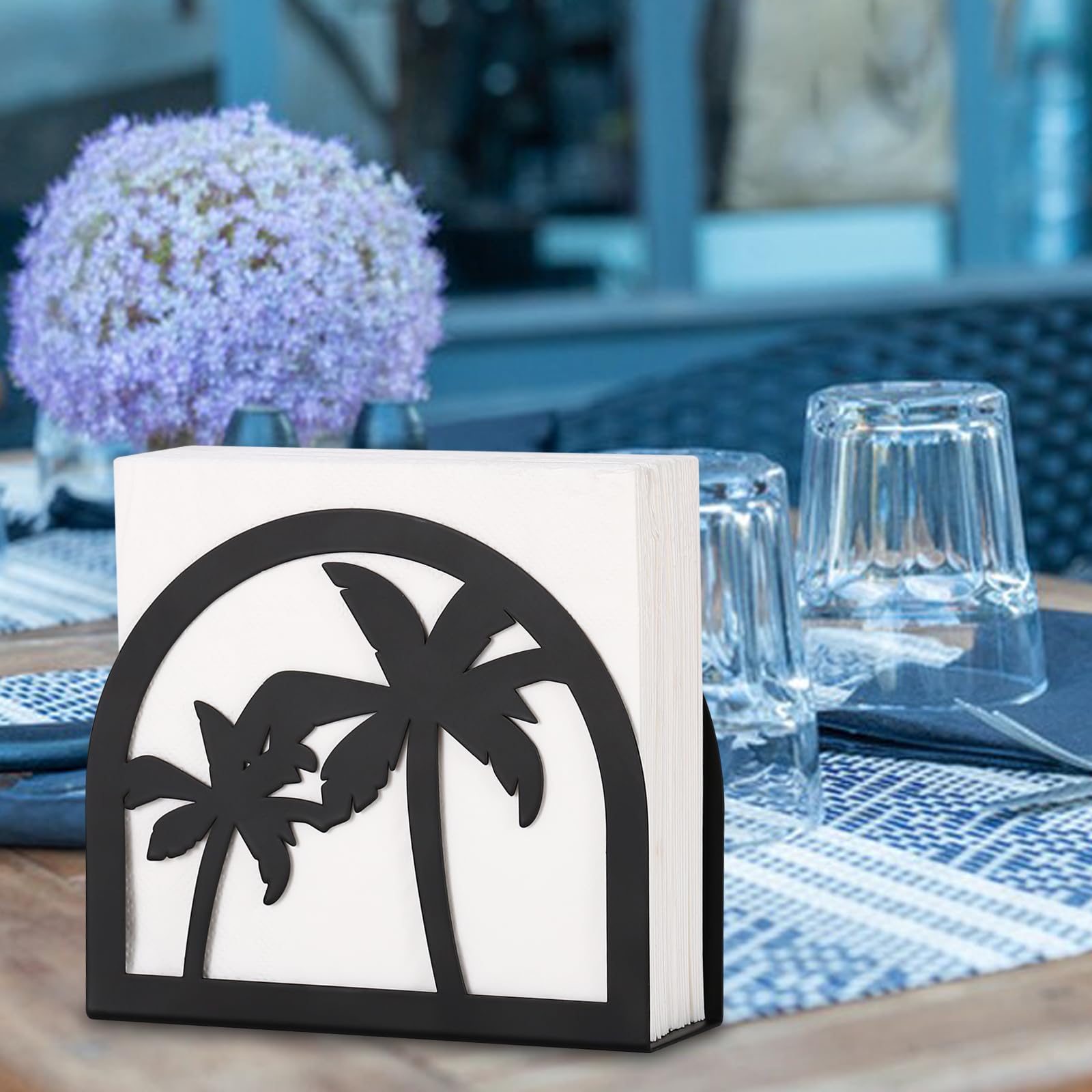 NDFECT Black Napkin Holder for Kitchen, Cocktail Coastal Palm Tree Napkins Holder, Upright Nautical Napkin Holders for Paper Napkins Party Tables, Metal