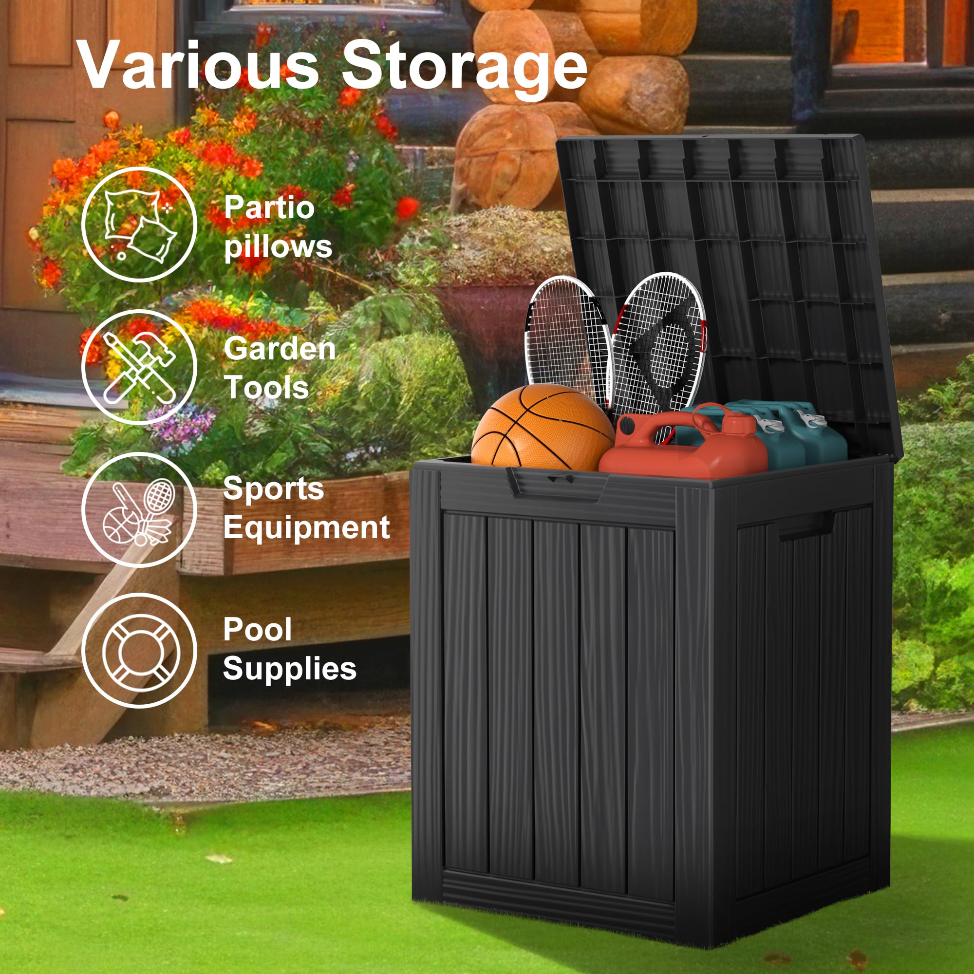 ROJIK Outdoor Storage Housing Deck Box - Waterproof Patio Furniture, Garden Tools, Cushions, Pool Accessories Storage Bench with Lockable Lid and Side Handles (Black, 45 Gal)