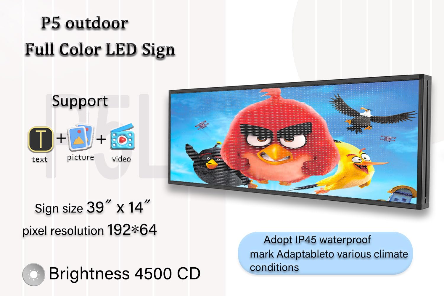 P5 LED Sign Display WiFi + USB Programmable RGB Full Color LED Scrolling Sign Board 39''x14'' High-Definition and High-Brightness LED Billboards Support Image, Video, Text, and Date Display
