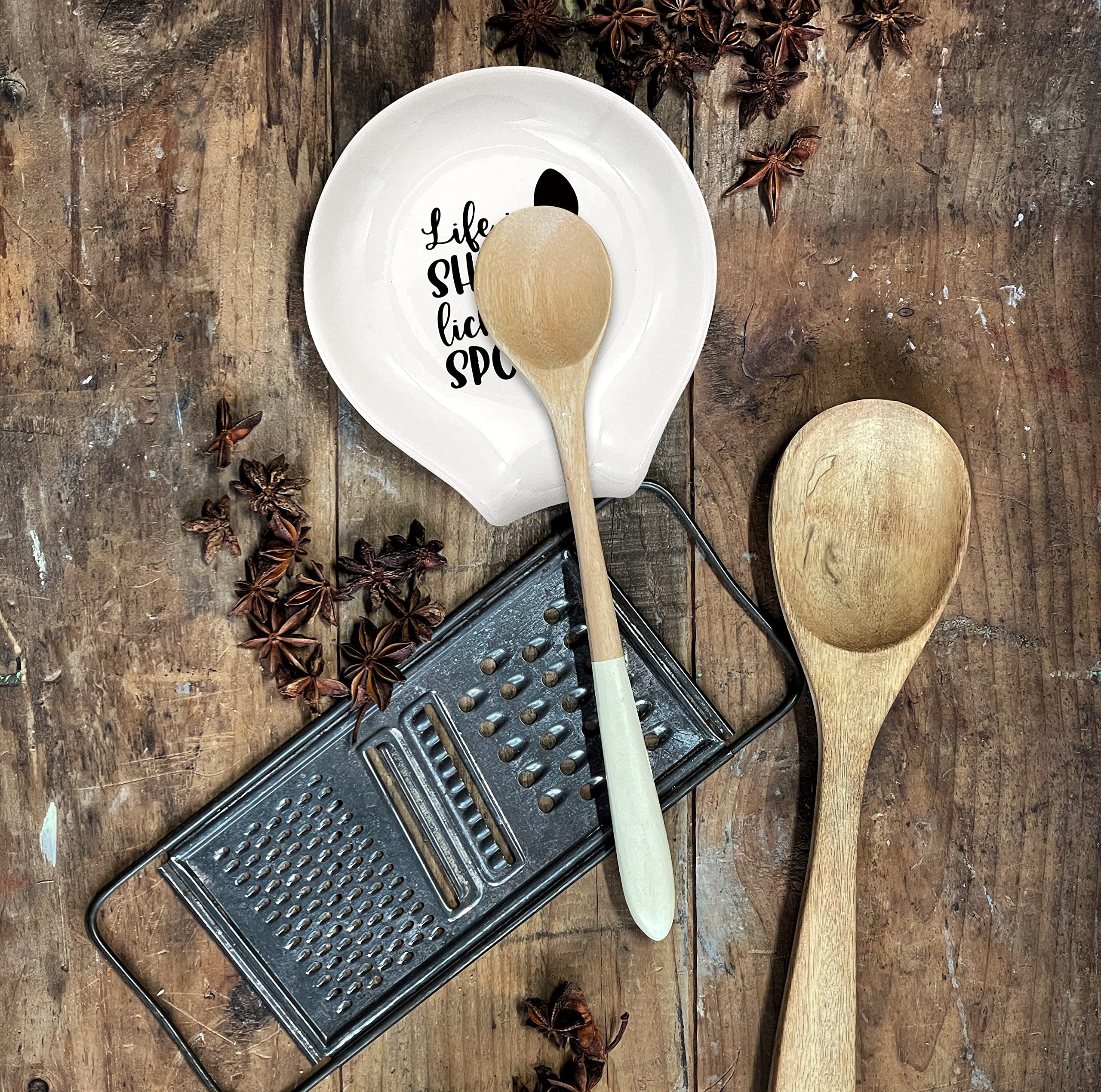 LRUIOMVE Ceramic Coffee Spoon Holder with Funny Quote Life is Short Lick The Spoon Coffee Spoon Rest and Coffee Bar Accessory - Station Decor for Coffee Lovers - Great Gift for Women and Men