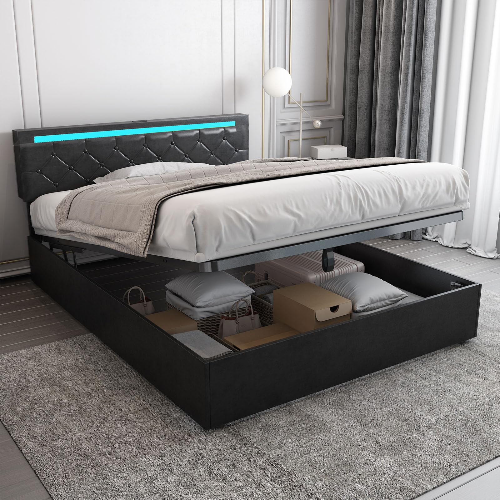 SAVOLIFE Queen Size Lift Up Storage Bed Frame with Led Light Headboard, PU Upholstered Queen Platform Bed Frame with Charging Station, Black