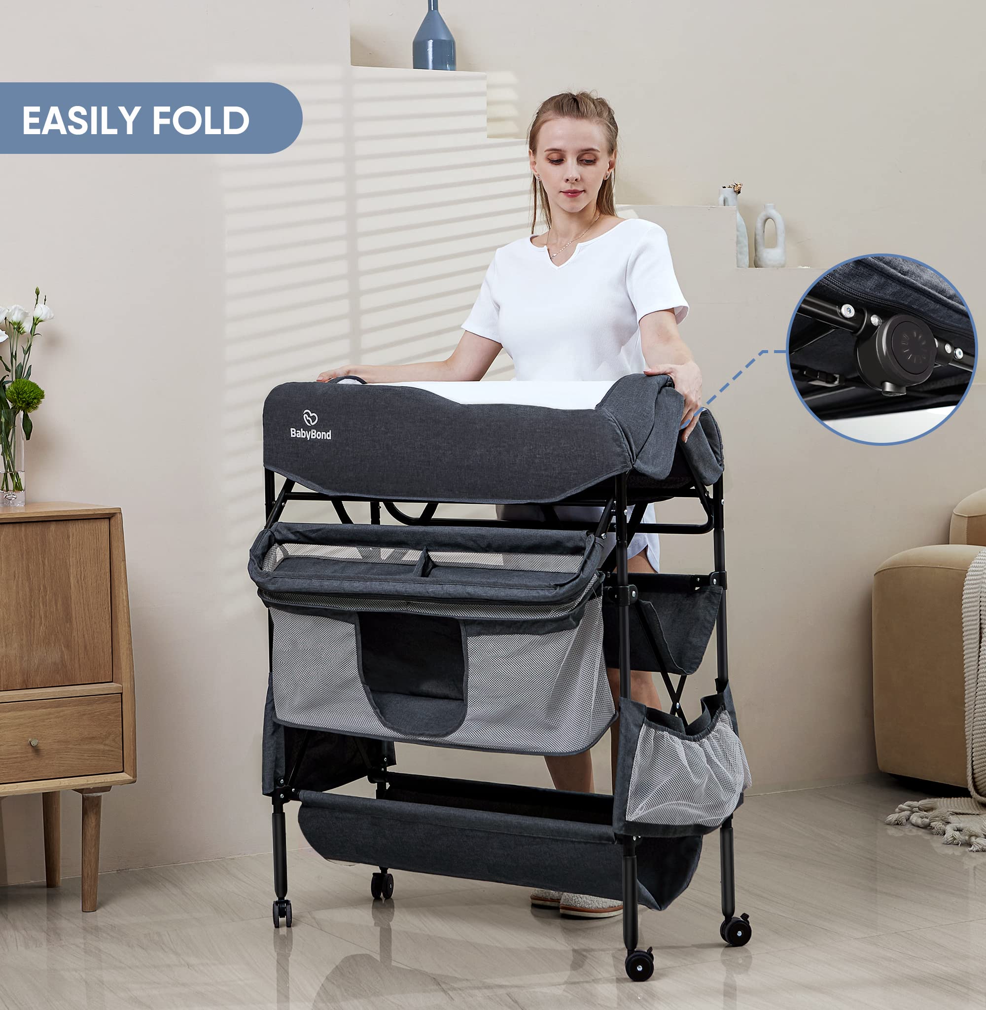 Portable Baby Changing Table, Foldable Changing Table Dresser Waterproof Diaper Changing Table Height Adjustable Changing Station for Infant and Newborn (Grey)