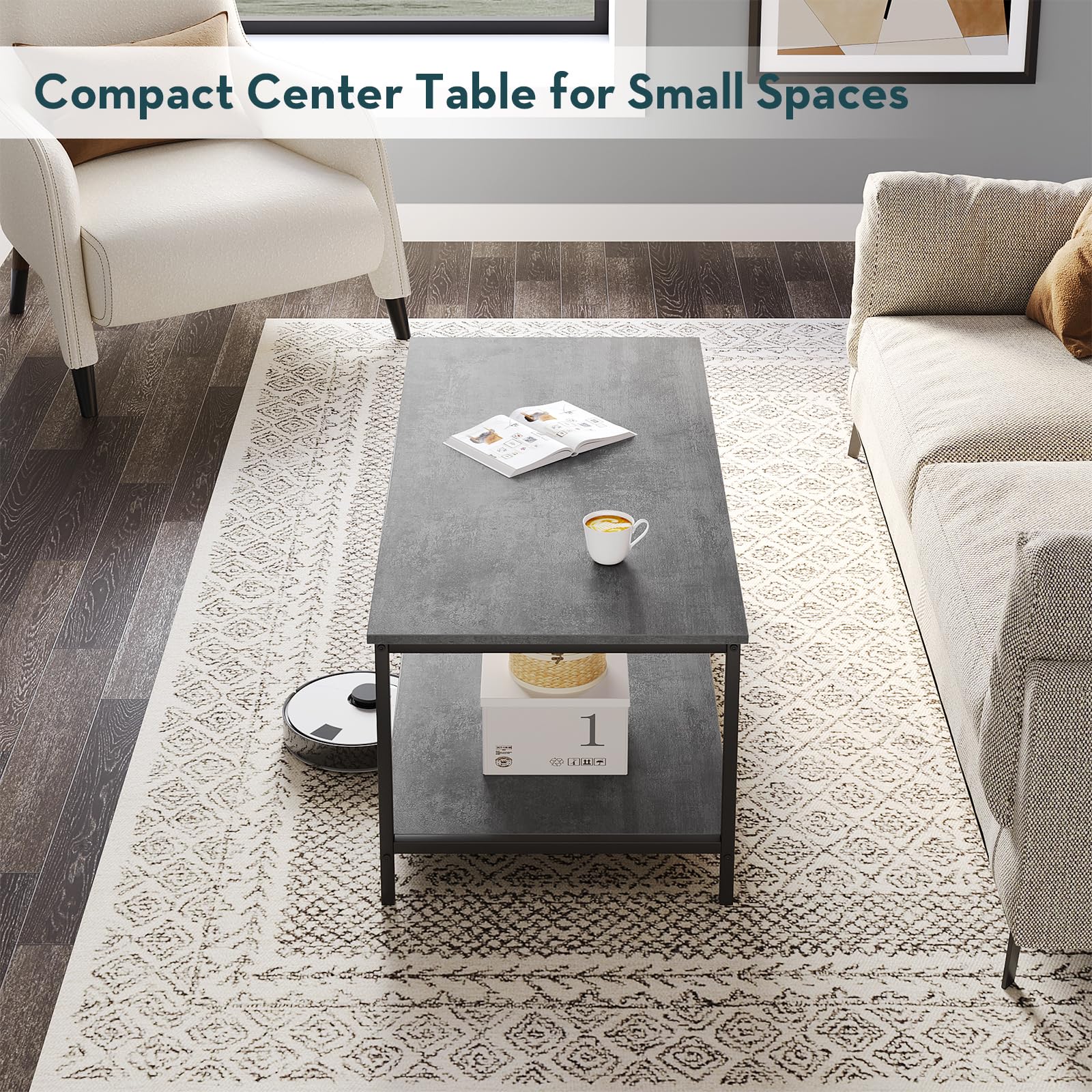 SAYGOER Coffee Table with Storage 2-Tier Industrial Center Table for Living Room, Rectangle Wood Table for Small Spaces Apartment Home Office, Concrete Gray
