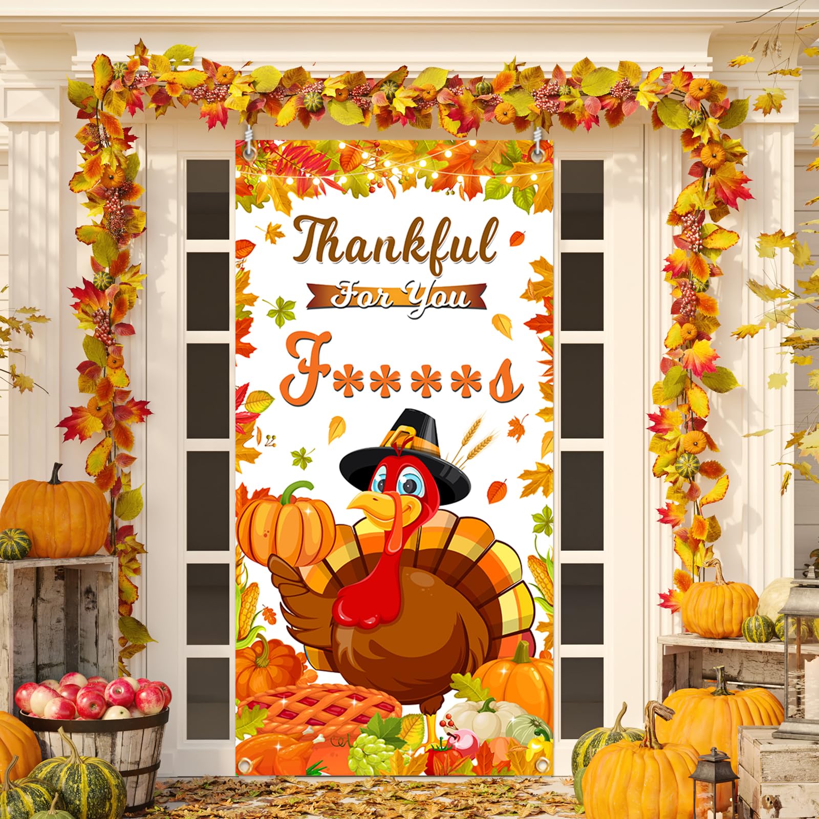 Thanksgiving Door Cover, 6x2.9FT Thankful for You Thankful Banner for Funny Friendsgiving Decorations, Thankful Decorations Door Cover Turckey Happy Friendsgiving Decorations Door Cover