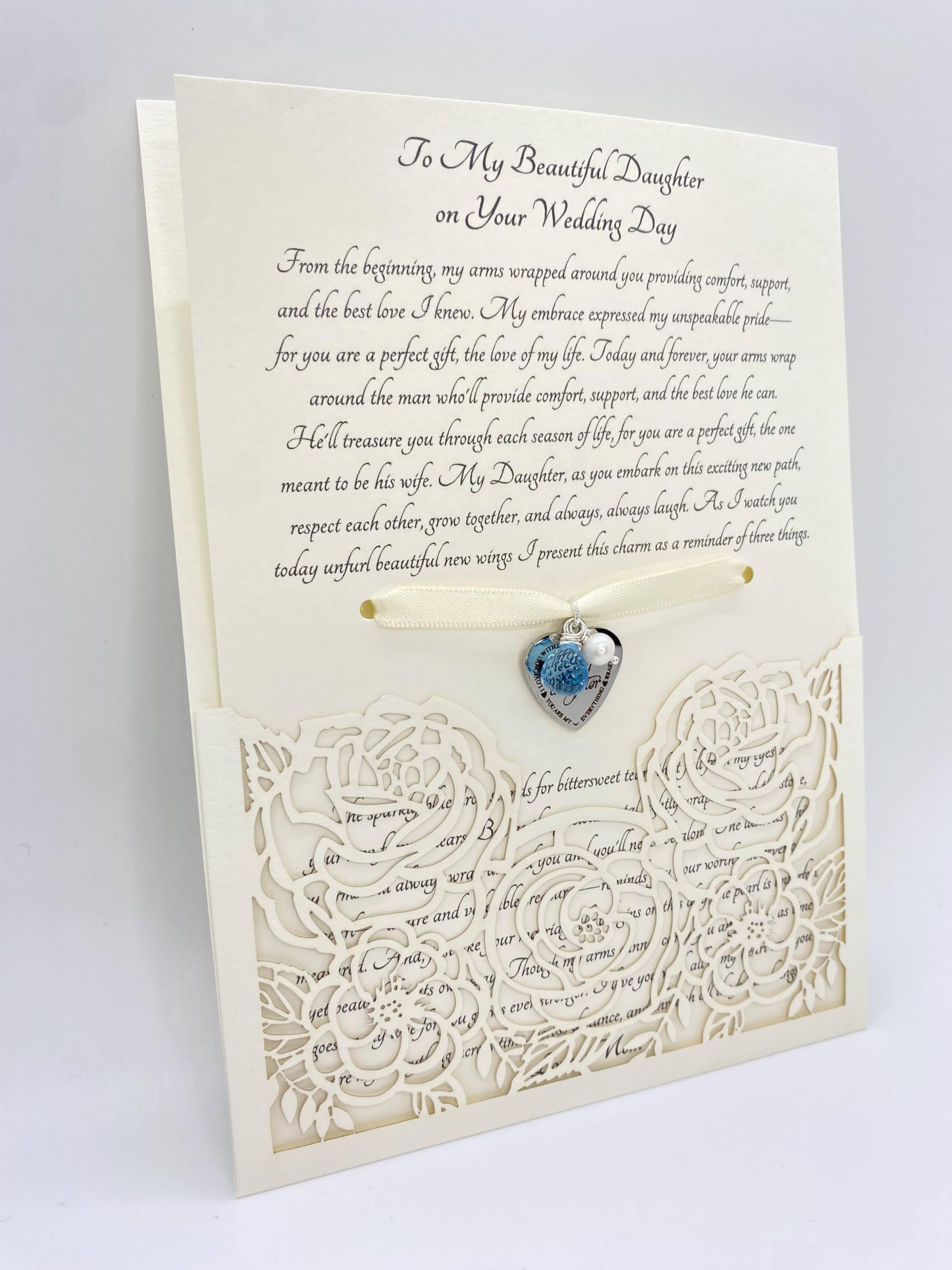 Gift for Daughter on Wedding Day-Bouquet Charm-Something Blue from Mom to Bride BCOW (Azure Blue, Send as Shown/Do not add custom names/date/closing)