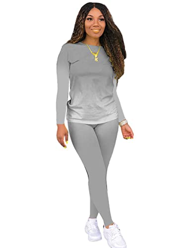 LaPhyran Two Piece Outfits for Women Casual Sets Pullover Long Sleeve Loose-Fit T Shirts Bodycon Solid Pants Tracksuits Fall Yoga Grey XXL
