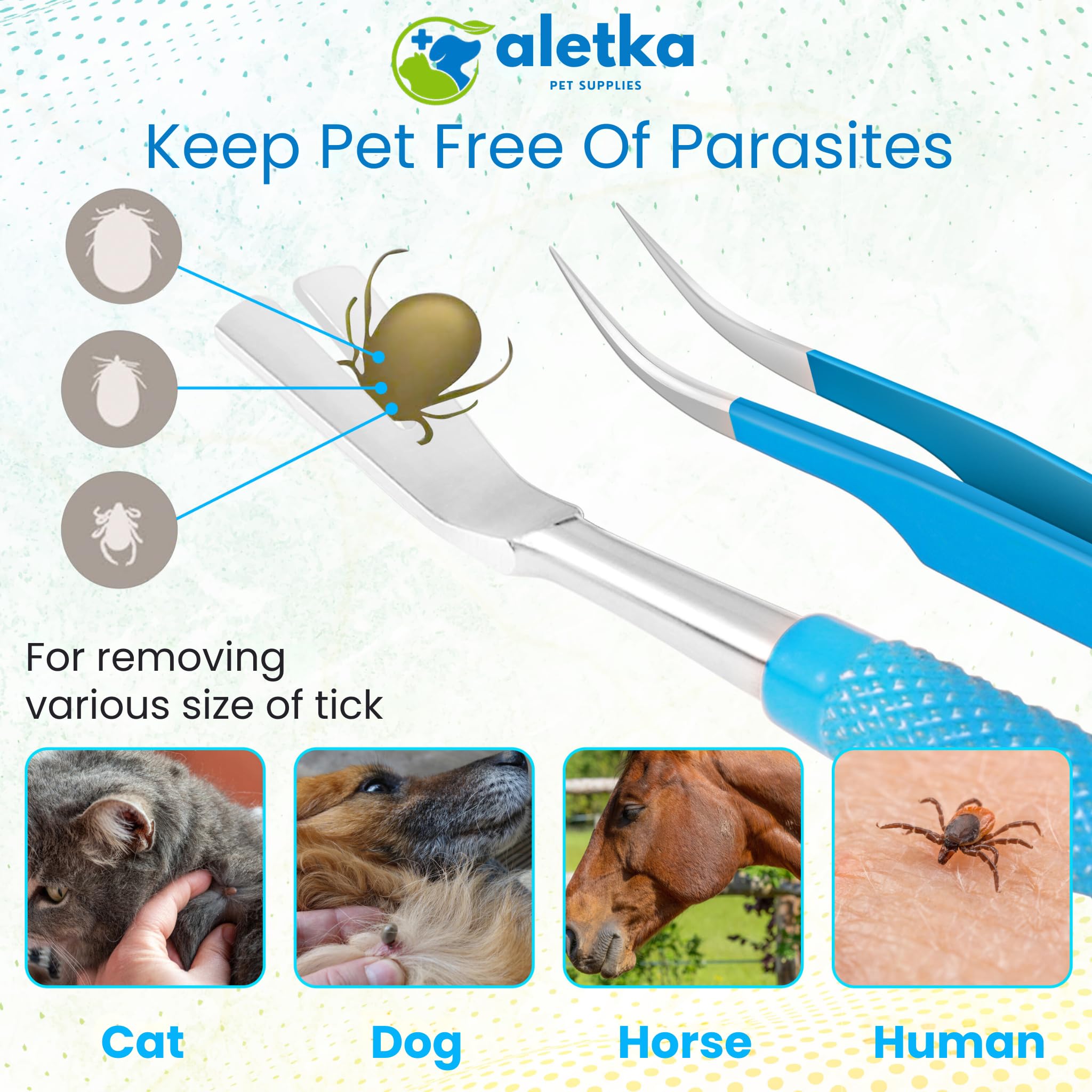 Tick Removal Tool Kit with Precision Tweezers • Dogs • Cats • Kittens • Puppies • People • Custom Design Removes Whole Tick • Durable Stainless Steel • Dishwasher Safe • Easy Use • Hiking • Gift Idea