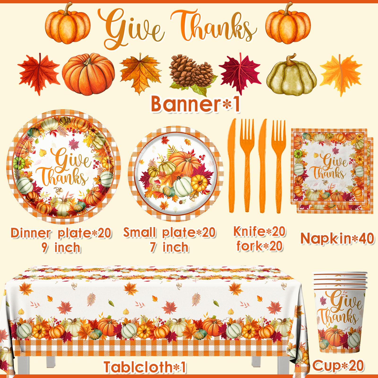 Thanksgiving Party Supplies,142pcs Fall Theme Tableware Set Include Give Thanks Plates Cups Napkins Plastic Tablecloth for Autumn Harvest Thanksgiving Party Supplies