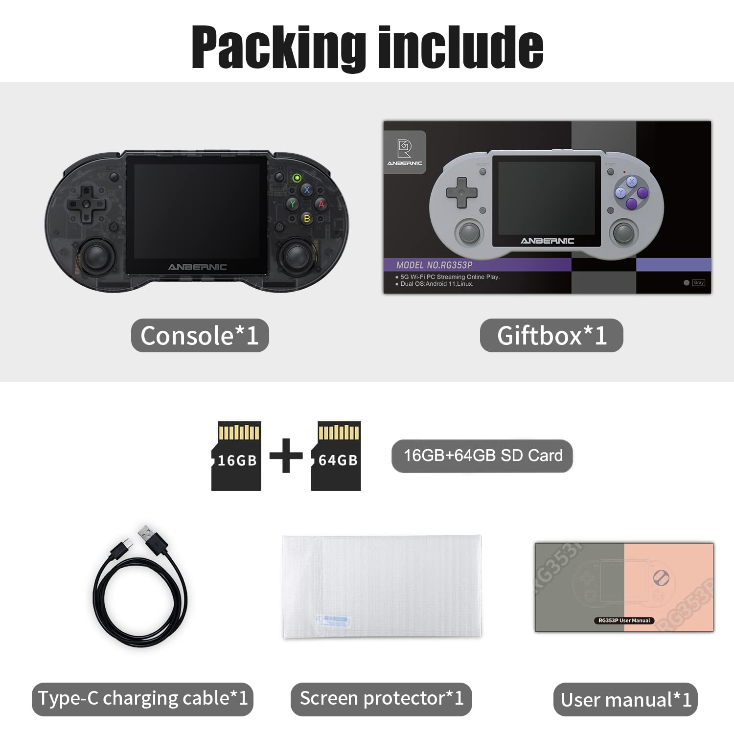 Niotima RG353P Handheld Android System Video Game Console,3.5 Inches Touch Screen, Android 11 OS,CPU RK3566, High Speed eMMC 5.1, 3500 mAh Battery, 2GB LPDDR4 RAM (Transparent Black/ 16GB+64GB)