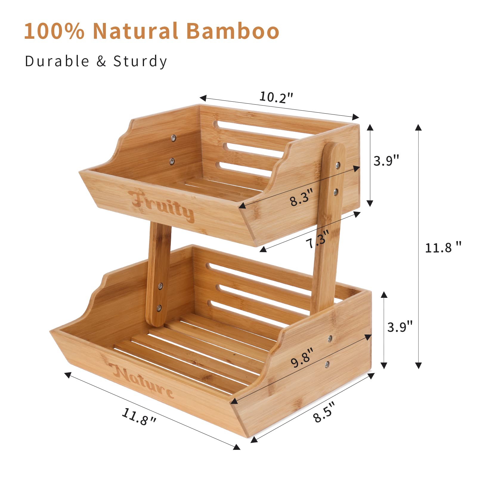 Lunavita 2 Tier Bamboo Fruit Basket, Fruit Stand, Large Fruit Vegetable Storage for Kitchen Countertop,Fruit Holder for Vegetables, Bread,Drinks, Snack Storage and Display