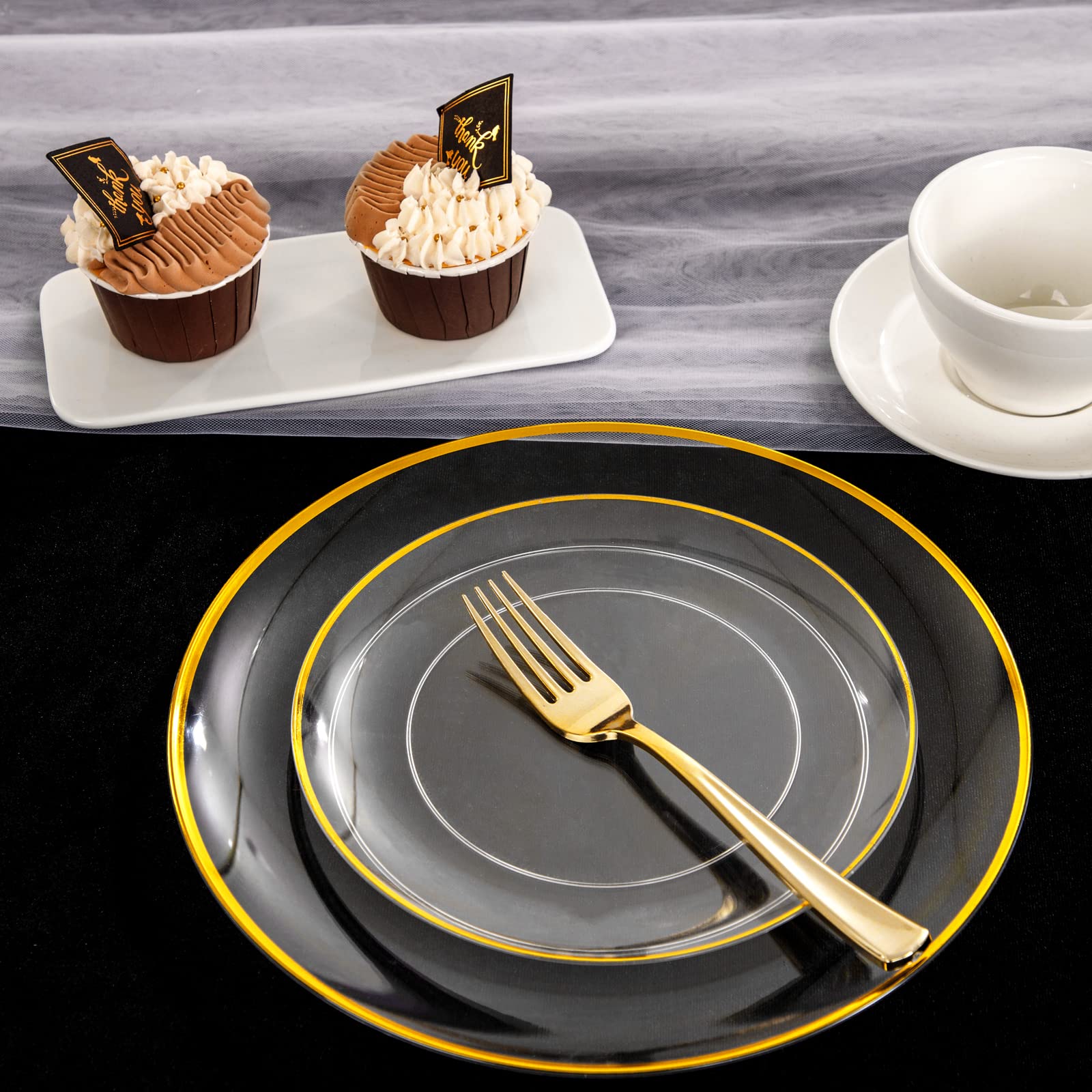 LIYH 60pcs Clear and Gold Plastic Plates Disposable Plates Heavty Duty Includes:30 Dinner Plates 10.25" and 30 Dessert Plates 7.5" Clear Plates with Gold Trim,Wedding Party Plates