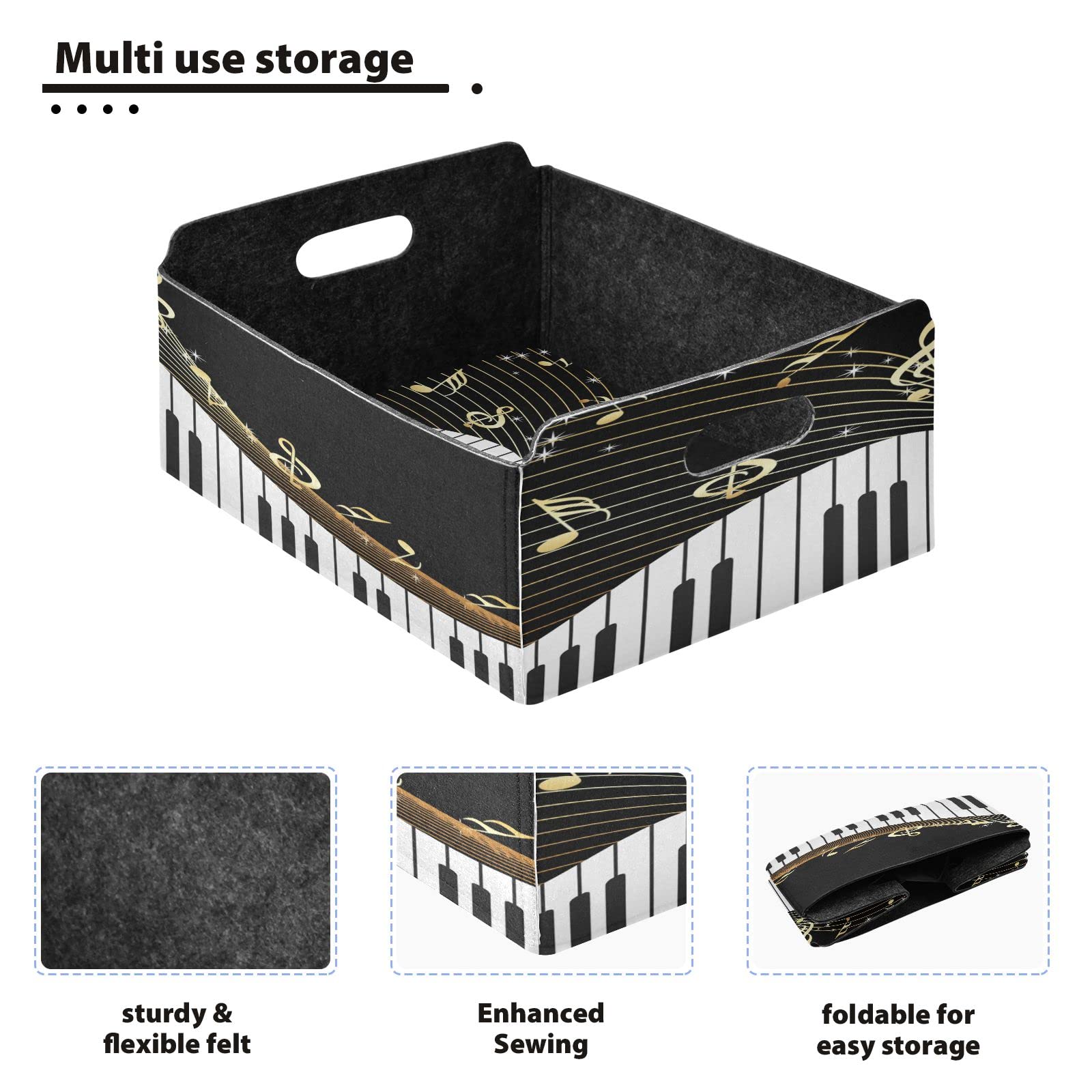 Kigai Collapsible Felt Storage Bins Music Note Piano Key Rectangle with Handle Storage Bins Baskets Toys Storage Basket for Organizing Closet Clothes Office Books Home Decor