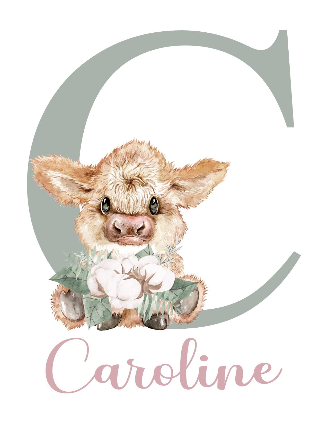 Personalized Watercolor Highland Cow Sage Green and Dusty Rose Rustic Cotton Farmhouse Baby Nursery Unframed Print
