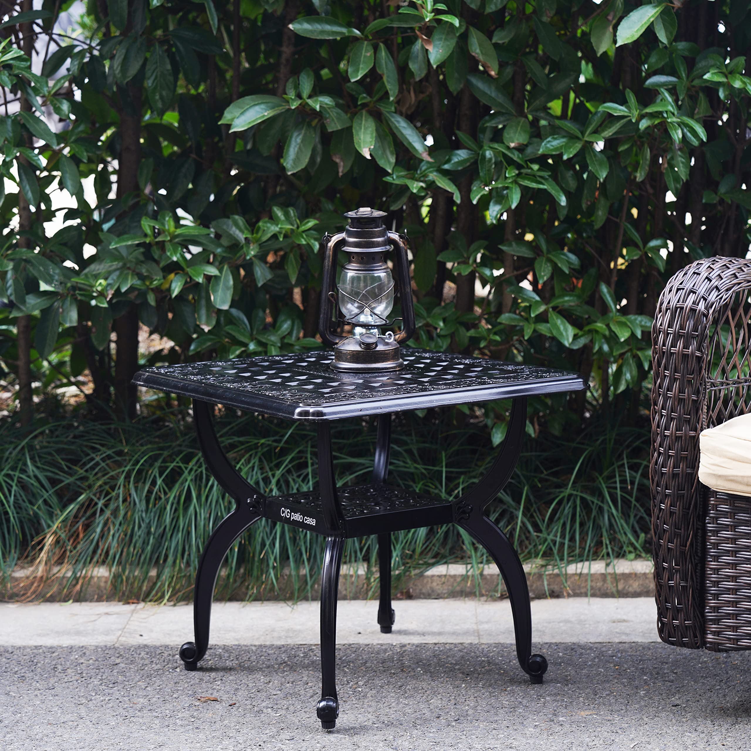 Mandolin Outdoor Patio Table,Rust -Resistant Cast Aluminum Side Table,Weather Resistant End Table,Coffee Table, Perfect for Patio, Backyard Or Garden. (Aluminum Square, Black)