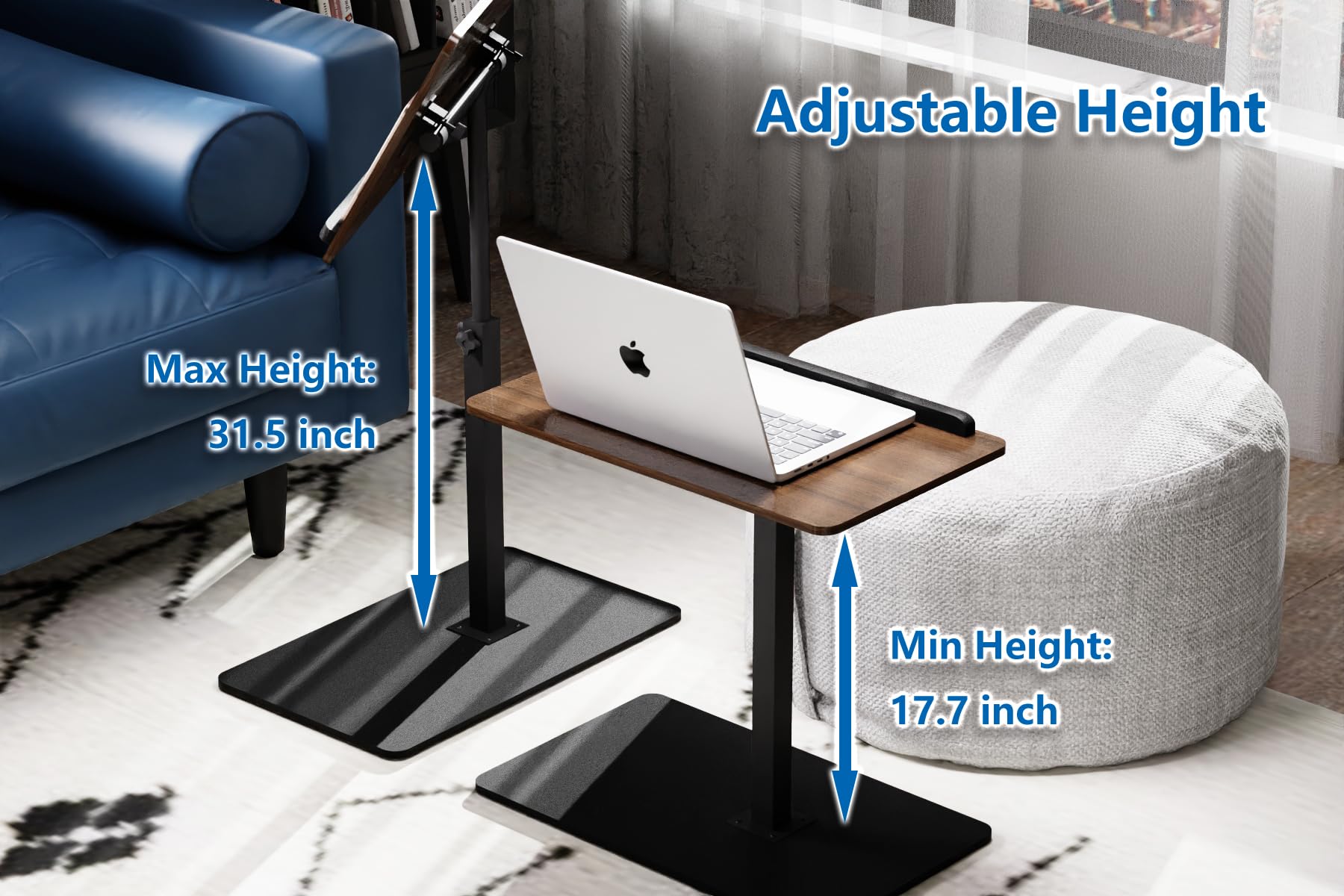 PzewMo C Shaped End Table,20" W x 14" L,17"-31" Adjustable Height,Swivel and Turnable Desktop,Foldable Side Table for Small Spaces,Black Walnut