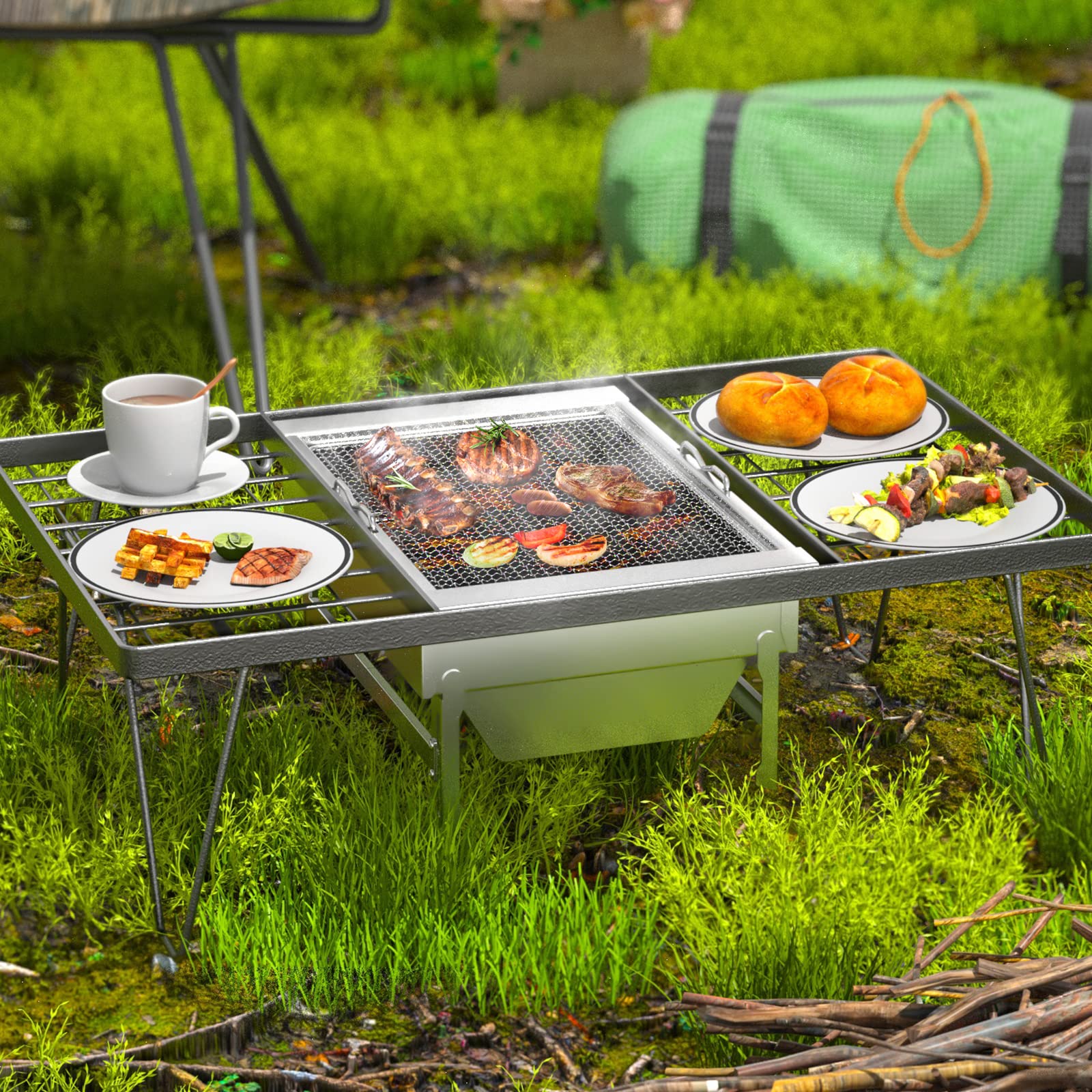 LASIEYO Foldable Multipurpose Stacking Storage Rack, Steel Folding Camping Table IGT Table Grill Table with Removable Bamboo Board Storage Bag