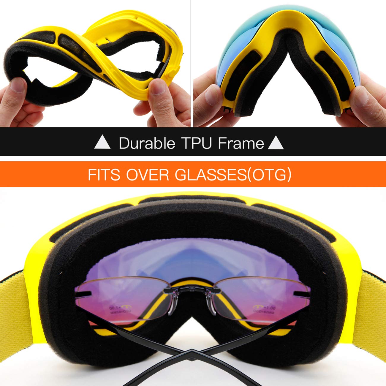 JULI Kids Ski Goggles,Interchangeable Double Layer Spherical Lens,OTG Anti-Fog Snowboard Skate Snow Goggles Age 4-16 4300(Yellow)