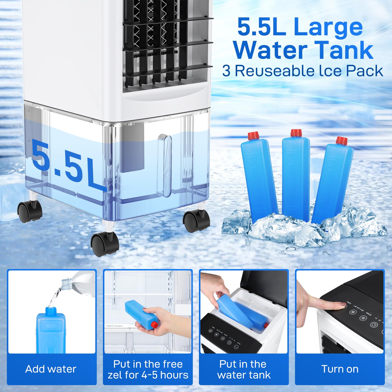 Portable Air Conditioners, 3-IN-1 Windowless Air Conditioner, Evaporative Air Cooler Kitchen Volume AC, Fast Cooling Large Air Conditioner for Room, Remote/3 Speed/7H Timer/1.45 Gallon/3 Ice Packfan-2