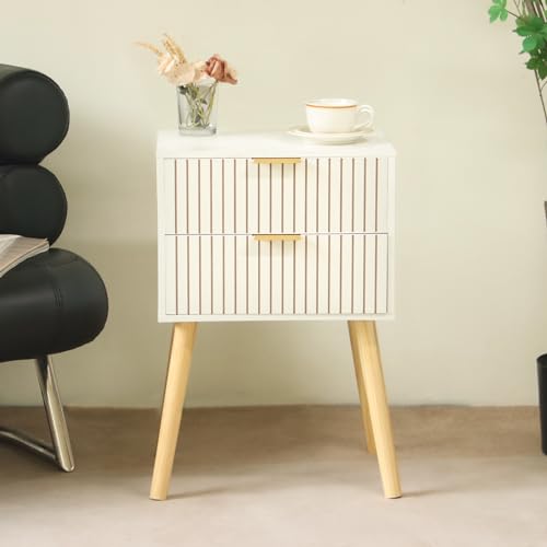 White Nightstand, Modern Bedside Table with 2 Drawers, Wood Side End Table with Storage for Small Space, Bedroom, Living Room, White