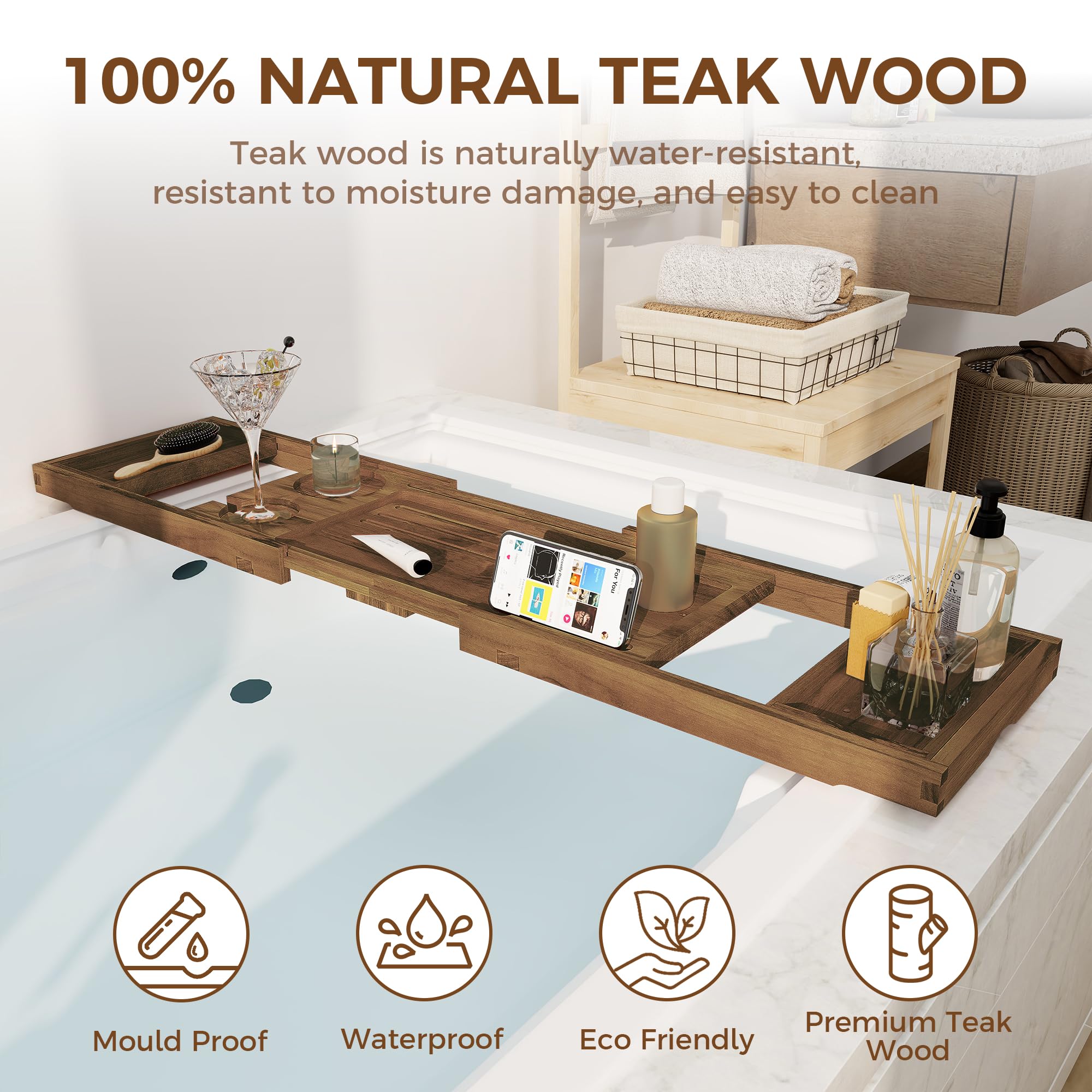 Teak Bathtub Tray - Luxury Bath Tray with Expandable Handles, Wine Glass and Phone Holders, Book Stand - Perfect for Home Spa Relaxation and Reading - Natural Bath Accessories