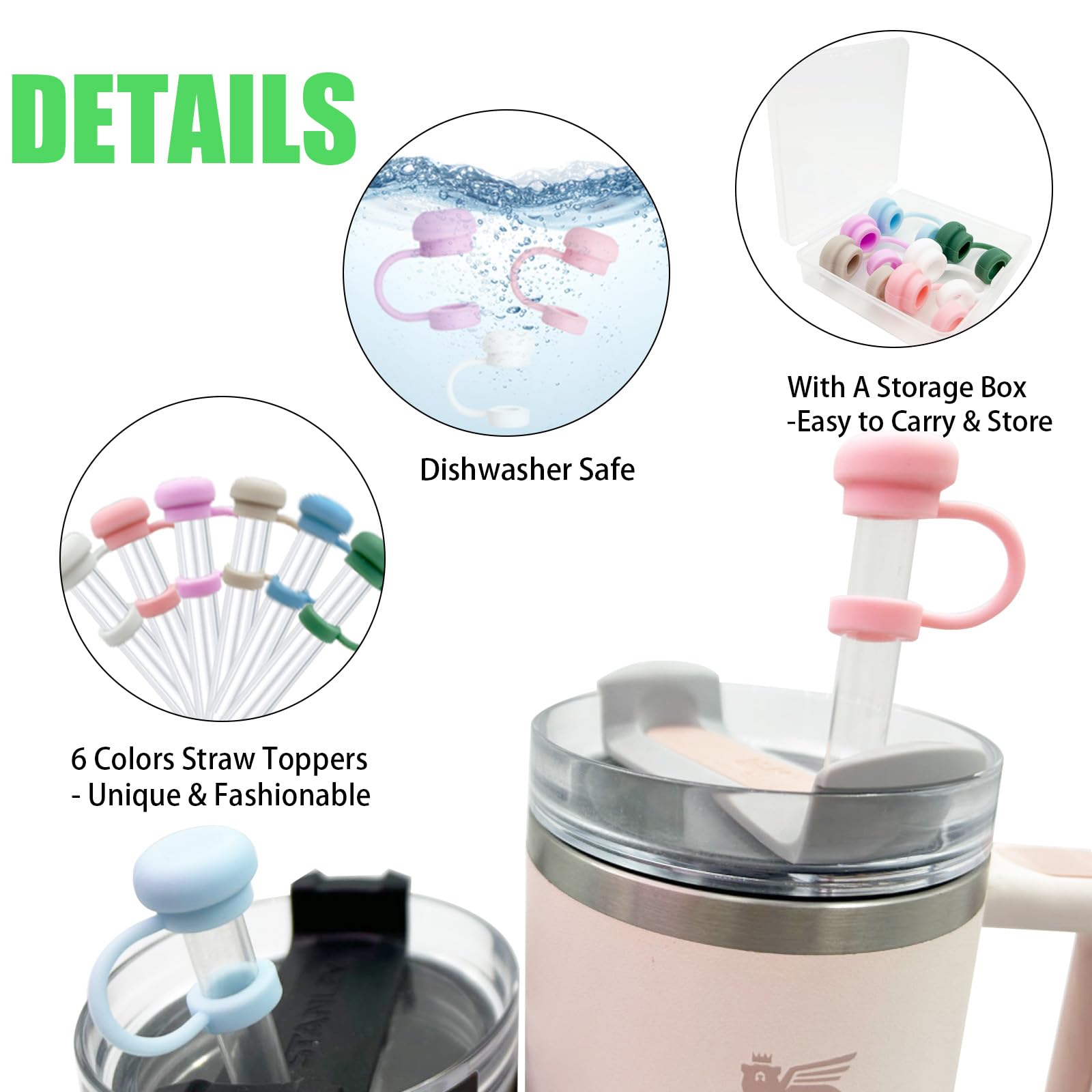 Oathast Stanley Cup Straw Cover, 6 Pcs Straw Toppers 10mm Straw Cover Cap Silicone Stanley Straw Topper Dust-proof Straw Covers for Stanley Simple Modern Tumbler 40oz 30oz & 20oz