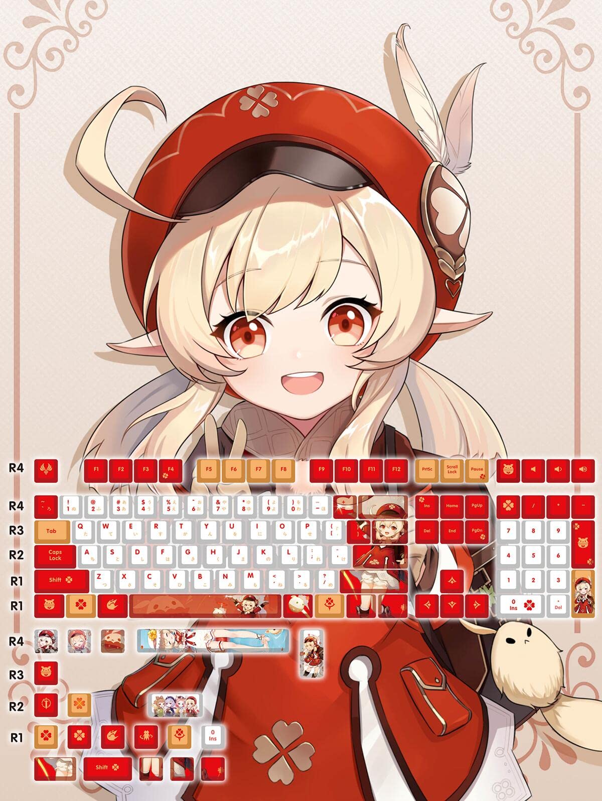 OAGG Genshin Impact 128keycap Klee Gaming Keyboard Set 5-Side Dye-Sublimation PBT Keycaps Gaming Mechanical Keyboard R4 Keycaps, DIY OEM Keycaps for Gaming Mechanical Keyboard (Klee)