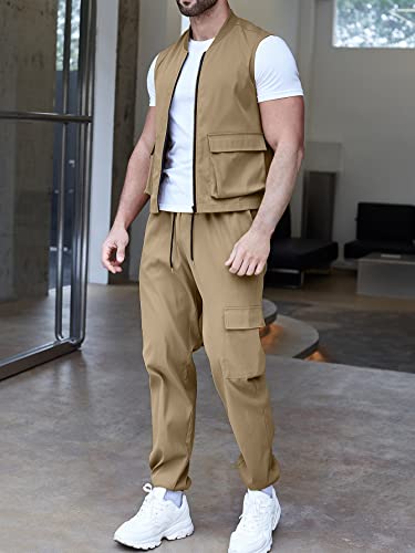 NIBHZ Two Piece Outfits for Men Men Flap Pocket Bomber Jacket & Cargo Pants Without Tee (Color : Khaki, Size : Medium)