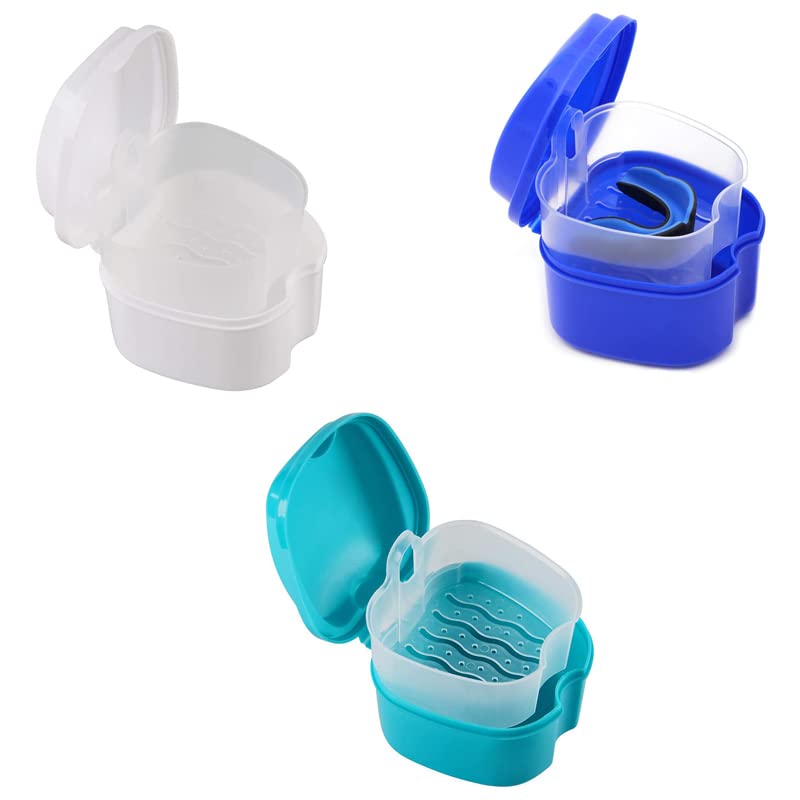 Pockety Dark Blue Denture Case, Denture Cup with Strainer, Denture Bath Box Teeth Storage Box with Basket Net Container Holder for Travel