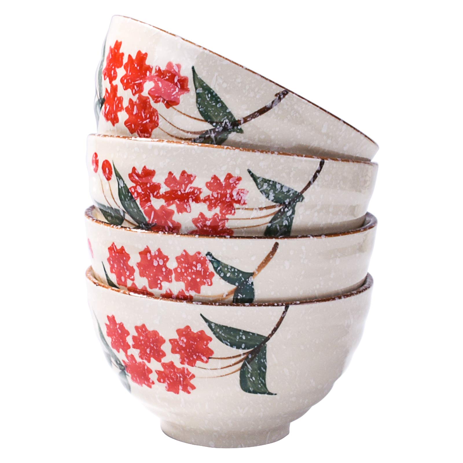 LMRLCS Japanese Style Snowflake Rice Bowl set of 4, Ceramic Rice Bowls for Rice Soup Oat (Red)