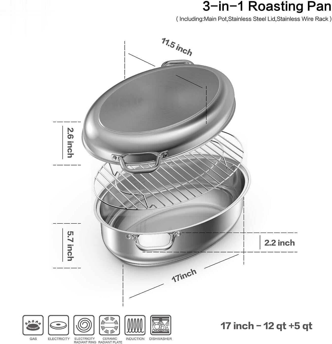 Roasting Pan with Rack and Lid 12 Quart 18/10 Stainless Steel 17 Inch Roaster