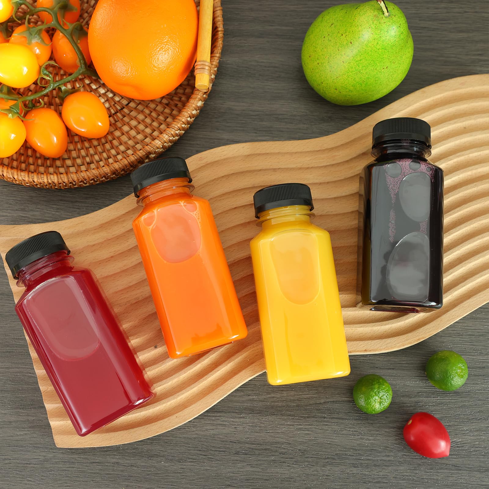 Moretoes Juice Bottles 42pcs 8 Oz Plastic Bottles with Lids, Reusable Clear Juicer Bottles with Black Tamper Evident Caps for Juice, Smoothies, Milk