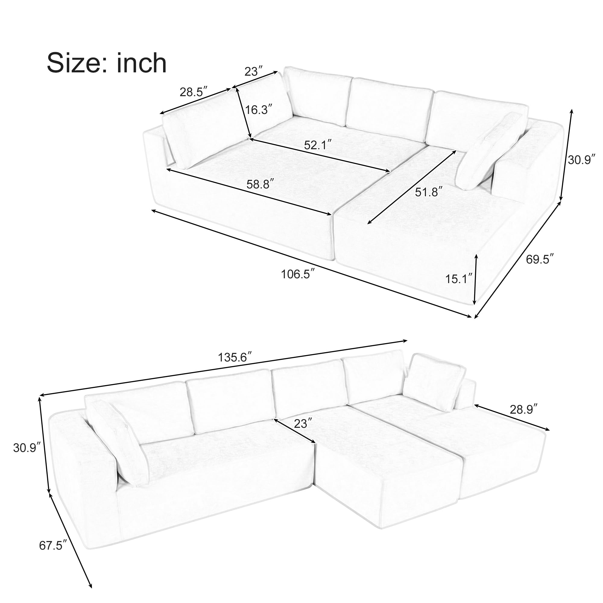 Yogald 135.6ββ L-Shaped 4 Seats Sectional Cloud Sofa with 2 Chaise Lounges, Minimalist Style Oversized Modular Sofa, Comfy Upholstered Luxury Floor Couch Set, for Living Room Office Apartment (Beige)