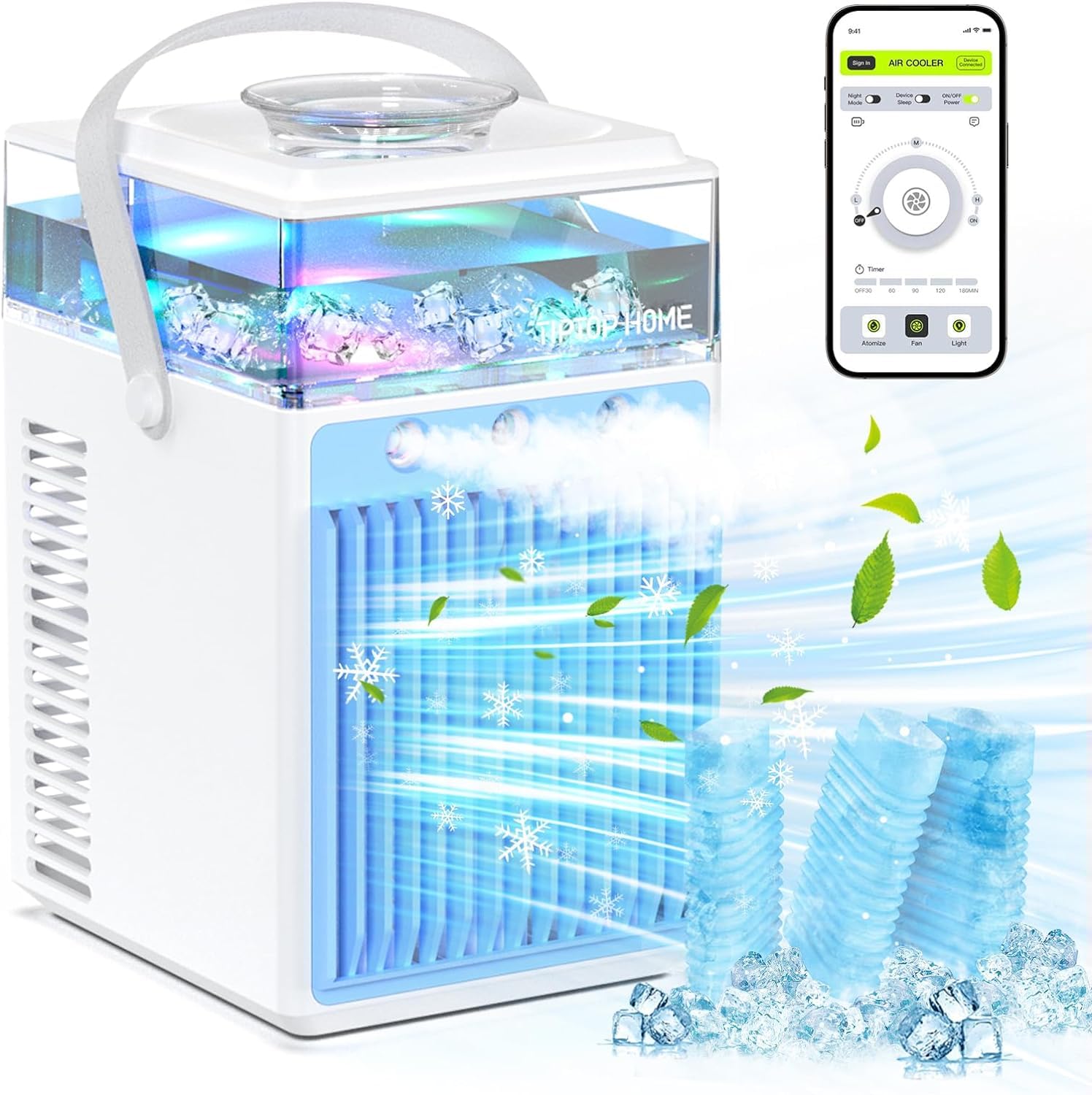 Portable Air Conditioners,4 in 1 Rechargeable Evaporative Personal Air Cooler APP Remote Control Humidifier with 6 Ice Boxes, 3 Speeds Mini AC with LED, Air Conditioner Desktop Cooling Fan for Bedroom