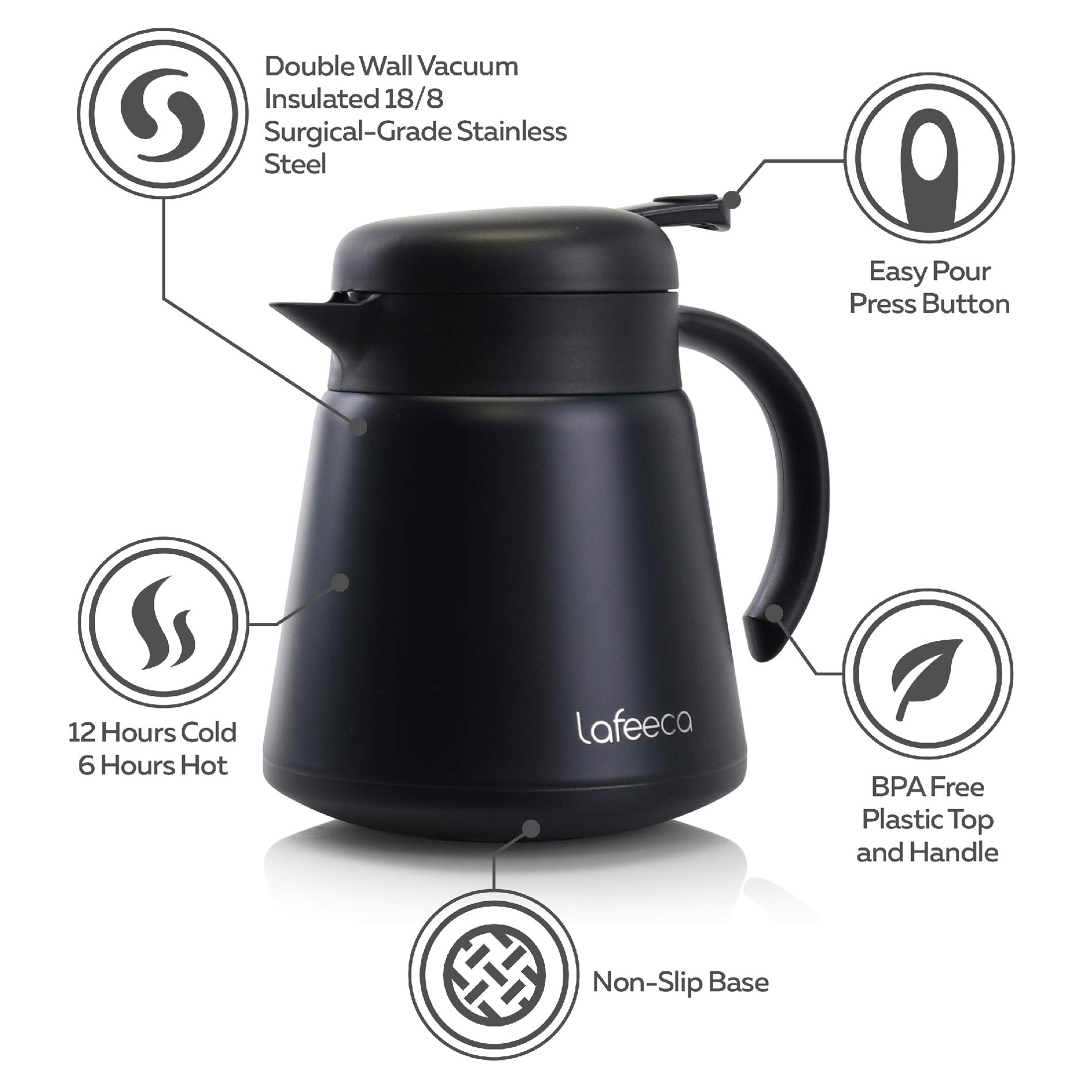 Lafeeca Thermal Coffee Carafe Tea Pot Stainless Steel, Double Wall Vacuum Insulated | Cool Touch Handle | Hot & Cold Retention | Non-Slip Silicone Base | BPA Free Black
