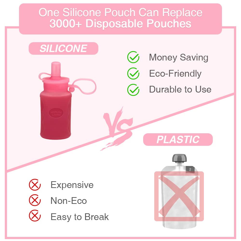 Morlike Reusable Baby Food Pouches, 4oz Silicone Squeeze Storage Bags with Straw for Toddlers Kids, Washable & Freezable (Pink - 2 Pack)