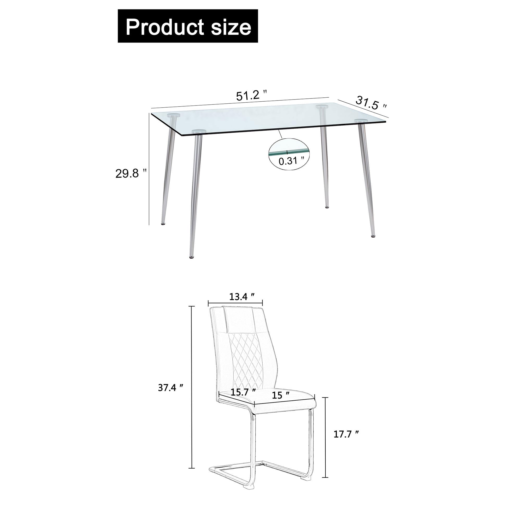 Ginxesh 63ββ Glass Dining Table Set for 4-6,7 Dining Table Set,Rectangular Tempered Glass Top Kitchen Table and 6 Faux Leather High Back Upholstered Dining Chairs (White, 6 Chairs)