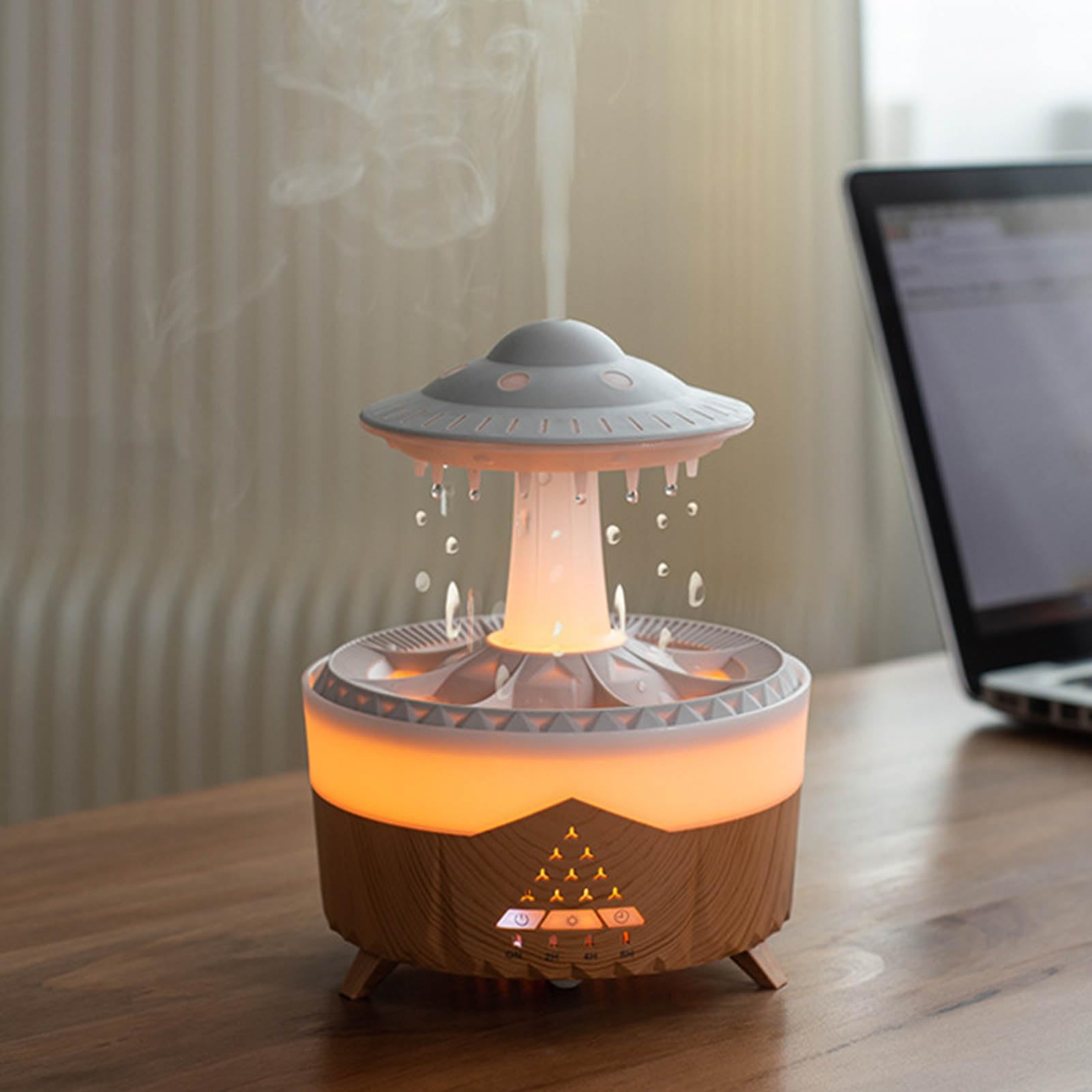 Rain Cloud Humidifier Water Drip, 7 Colors Night Rain Diffuser with Remote Control Timing, Mushroom Diffuser Lamp, Rain Sounds for Sleeping, Desk Fountain (Wood Grain)