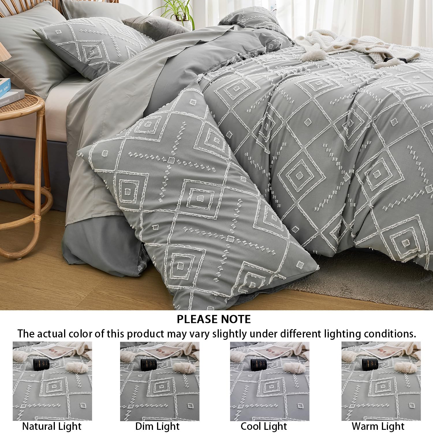 Senville Tufted Duvet Cover King Size,Jacquard Geometric Pattern,Soft Lightweight Grey Duvet Covers Set for All Seasons,3 Pieces Boho Shabby Chic Bedding Set with Zipper Closure(Light Grey,King)