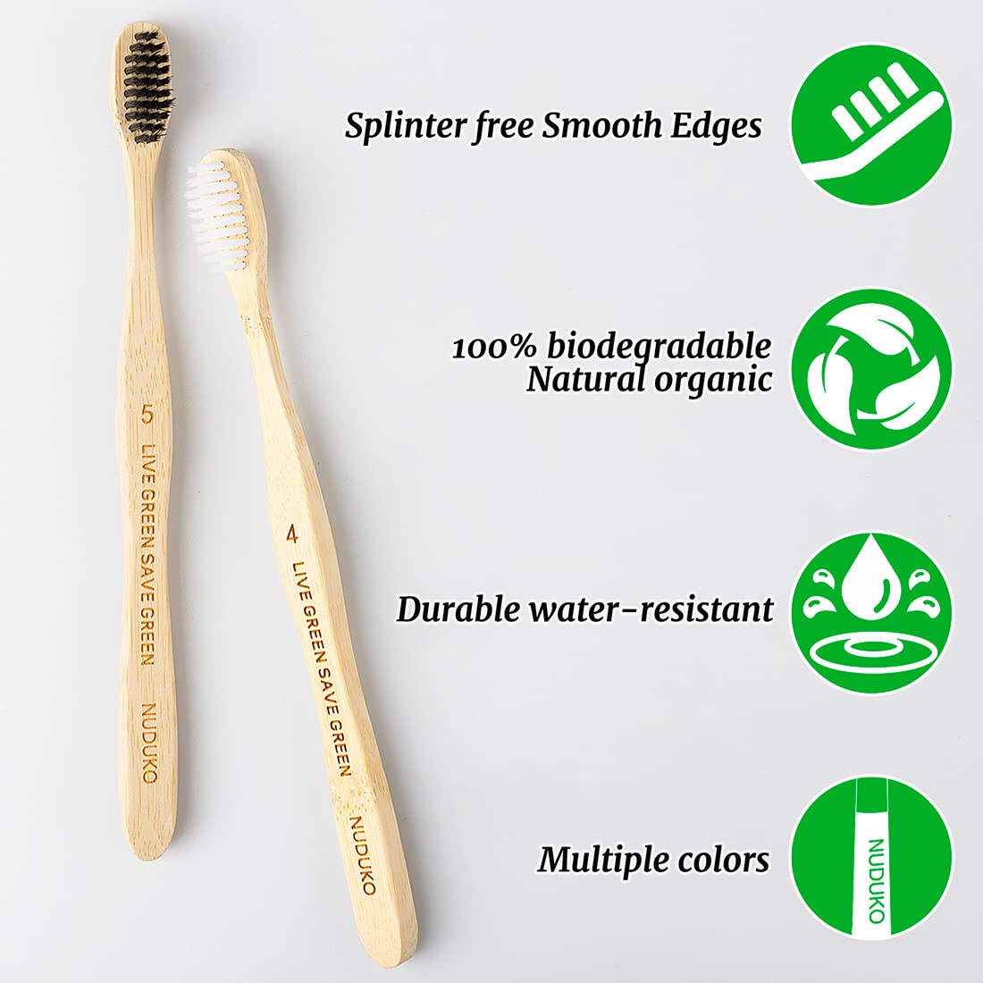 NUDUKO Biodegradable Bamboo Toothbrushes, Wooden Toothbrush 10 Pack, Multicolor BPA Free Soft Bristles Tooth Brush, Eco-Friendly Natural Green and Compostable Tooth Brushes