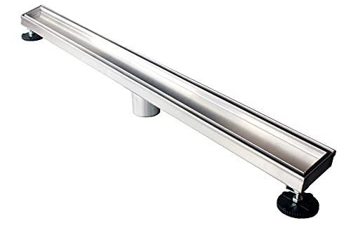 Novalinea - 54 Inch Linear Shower Drain with Tile Insert Grate, Includes Hair Strainer and Leveling Feet, 2 Inch Center Outlet, 304 Stainless Steel