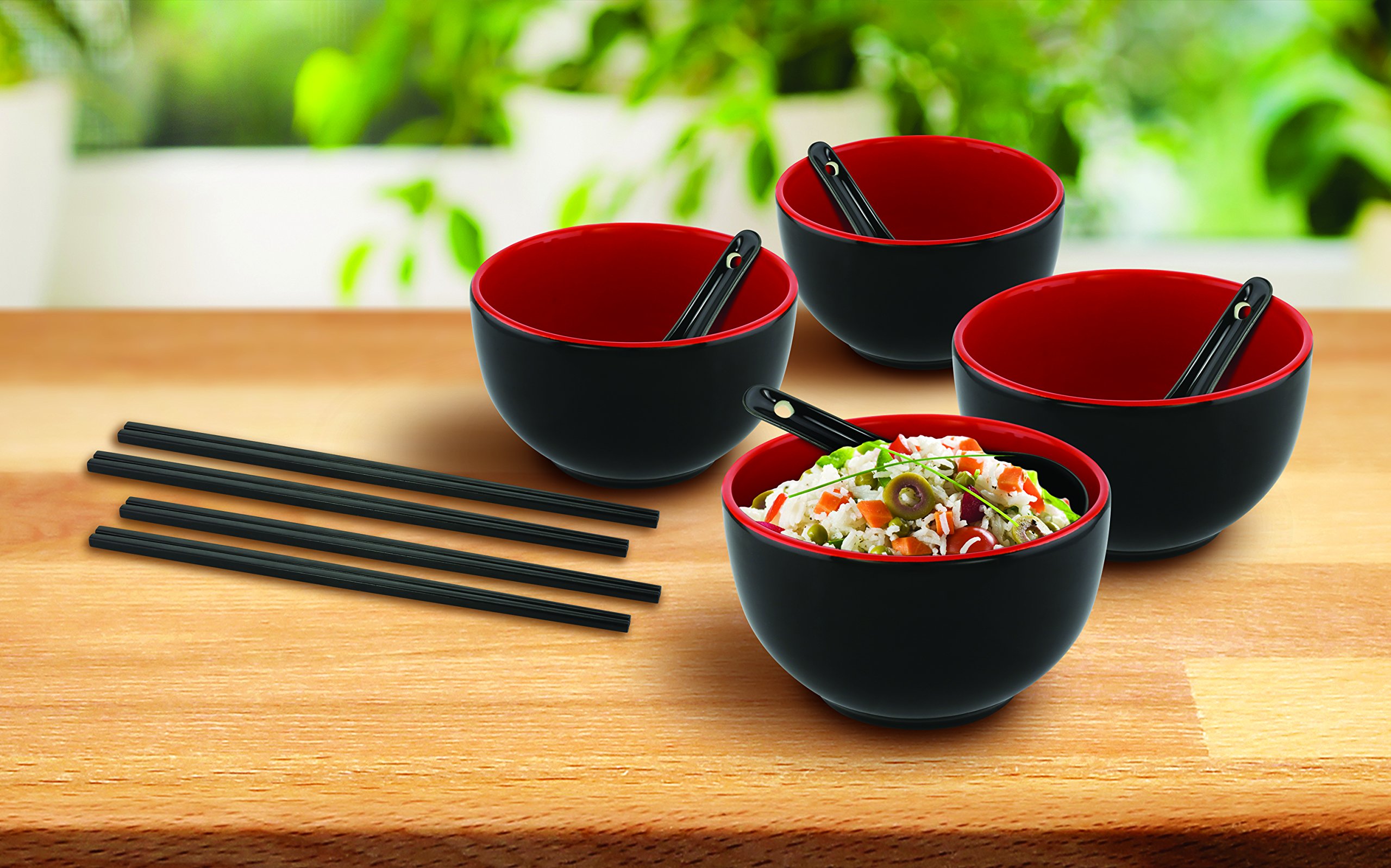 KOVOT Asian Cuisine Ceramic Serving Bowl Set - Includes (4) 20-Ounce Bowls, (4) Oriental Spoons, (4) Sets Of Chopsticks