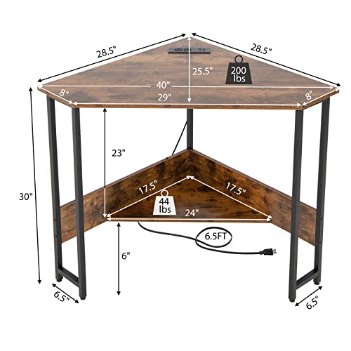 Tangkula Corner Desk with Power Outlet & USB Ports, Triangle Computer Desk with Charging Station, Storage Shelf, Space Saving Writing Desk, Vanity Table, Corner Desk for Small Space (Rustic Brown)