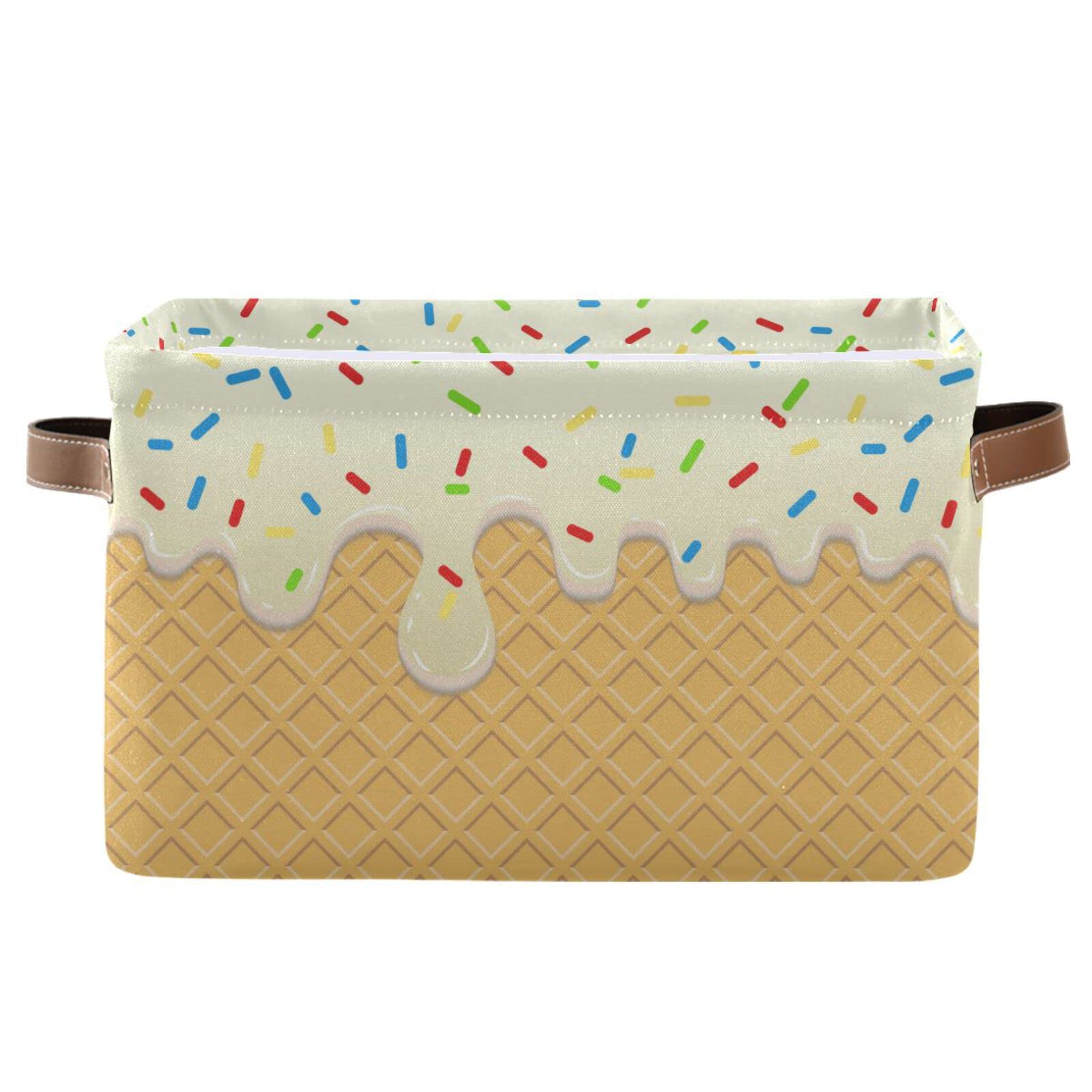 Kigai Ice Cream Texture Storage Bins for Shelves, Storage Basket with Double Handle, Foldable Storage Cubes with Metal Frame, Rectangular Closet Organizer Containers for Home Bedroom