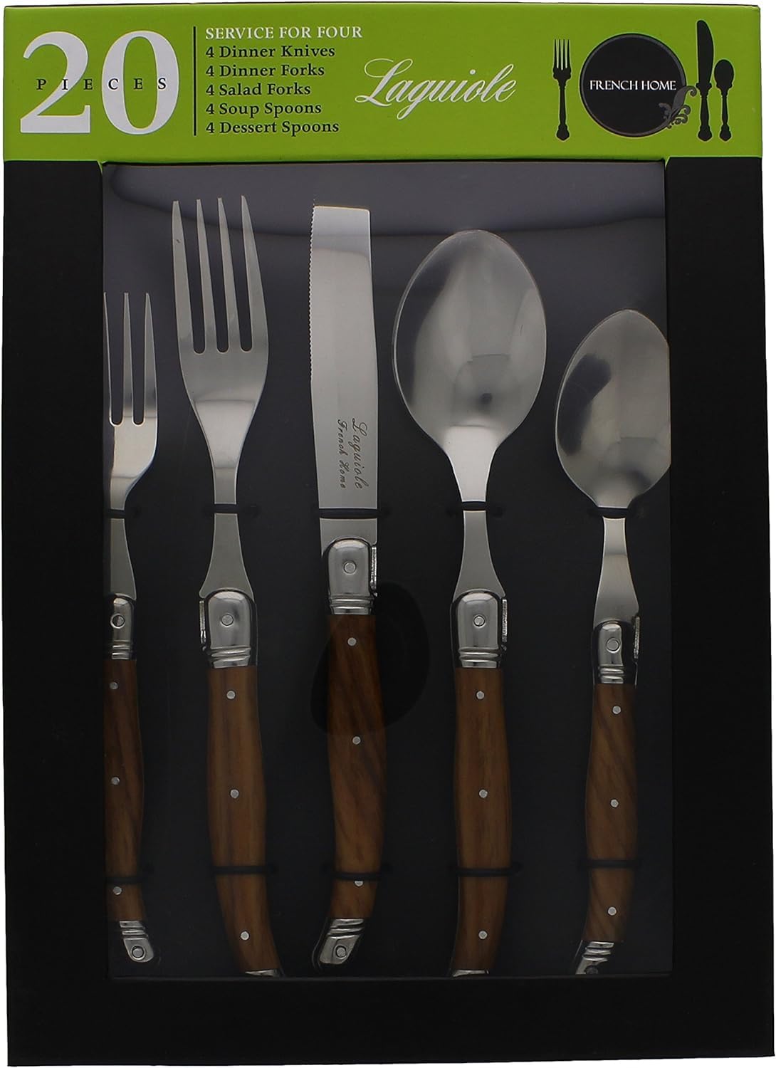 Laguiole 20 Piece Flatware Set – Stainless Steel Cutlery Set – Dishwasher Safe Silverware Set – Luxurious Utensil Sets w/Knives, Spoons and Forks Set (Wood Grain, Service for 4)