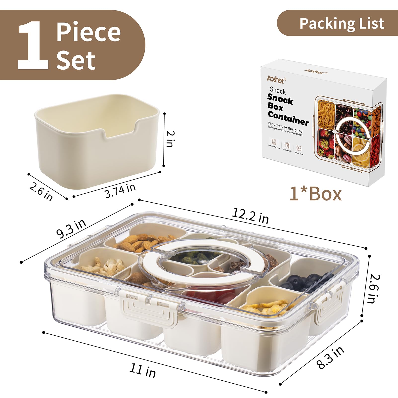 Snack Box Container, Dishwasher Safe Fruit Storage Containers, Divided Serving Tray with Lid for Veggie, Candy and Nuts Organizer, Snackle Charcuterie Boxes for Kids, Adults Travel, Party and Picnic
