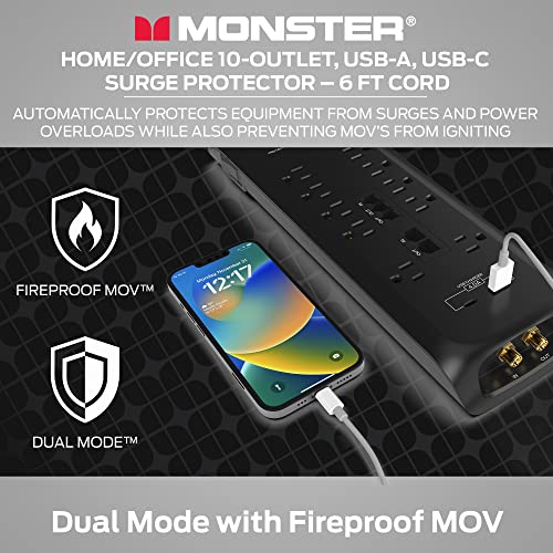 Monster Black Heavy Duty Surge Protector Power Strip 6 ft Cord with 10 120V-Outlet Extension, 2 Ethernet Switch Ports, 4050J Rating, 1 USB-A, and 1 USB-C Charging Ports β Ideal for Computers & Offices